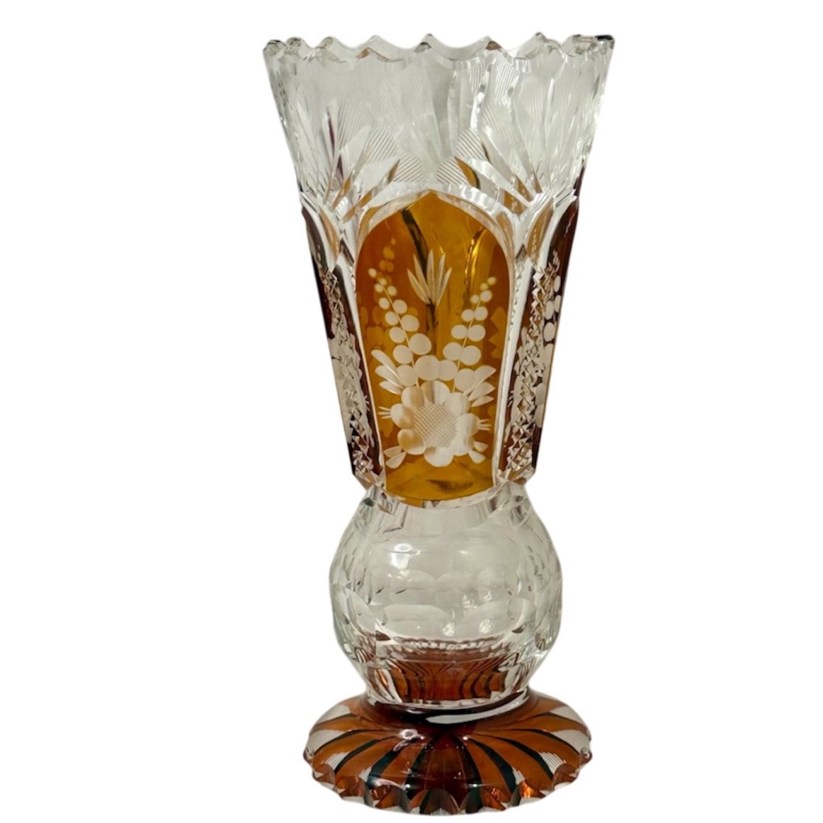 Bohemian Crystal 7” Vase Amber Cut To Clear Floral *Read*
