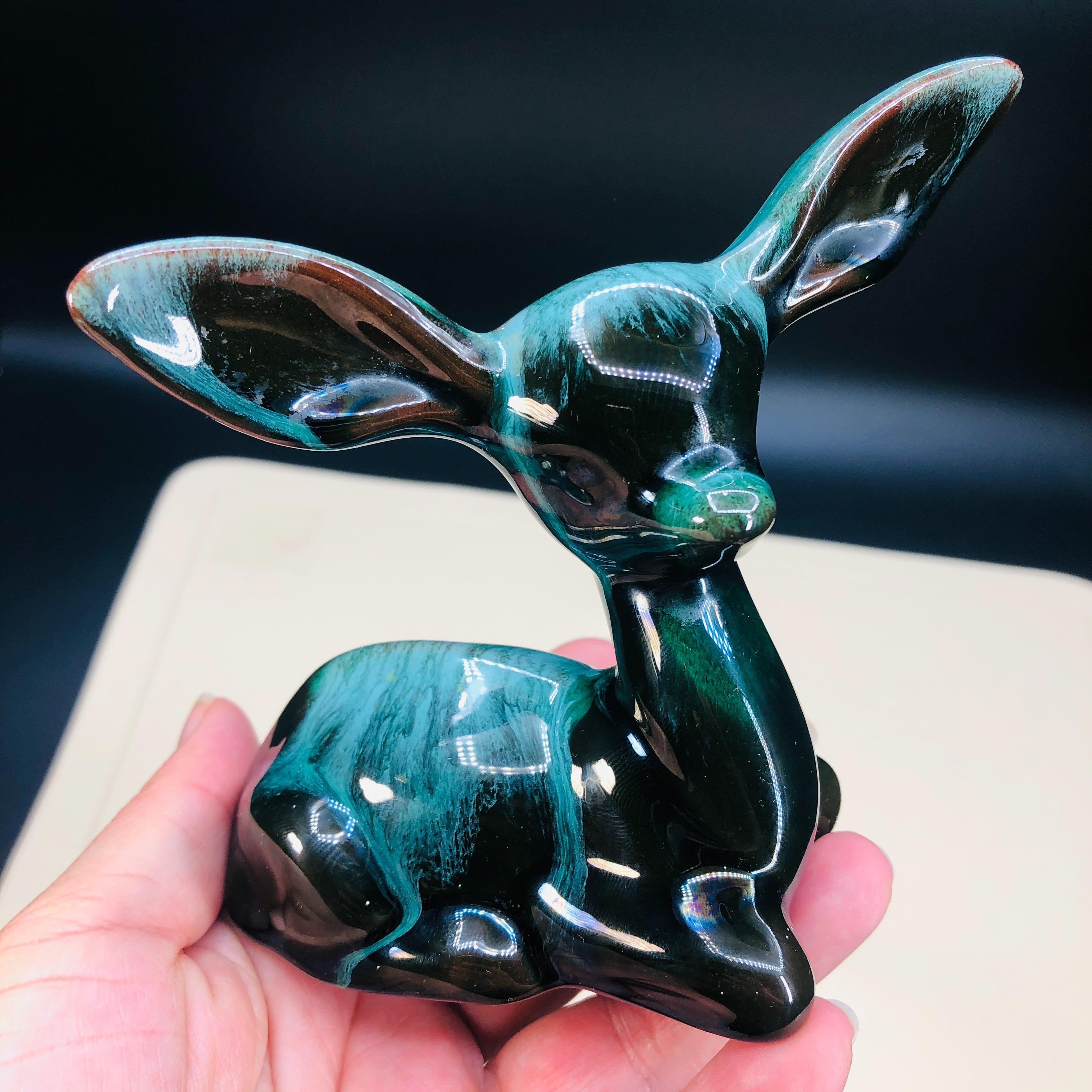 Blue Mountain Pottery Baby Deer Figurine Red Clay Aqua Green Drip Glaze