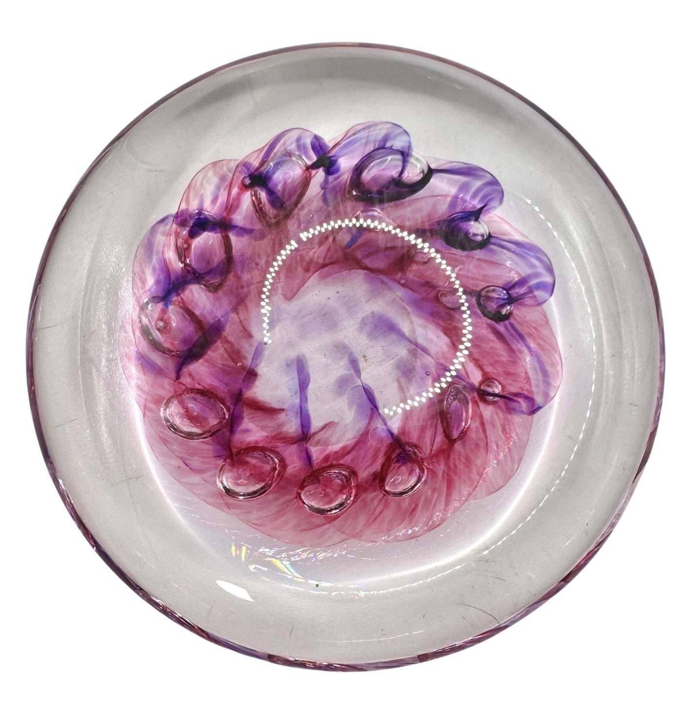 Signed Studio Art Glass Paperweight Disc Round Flat Purple Pink Bubble 4.5”