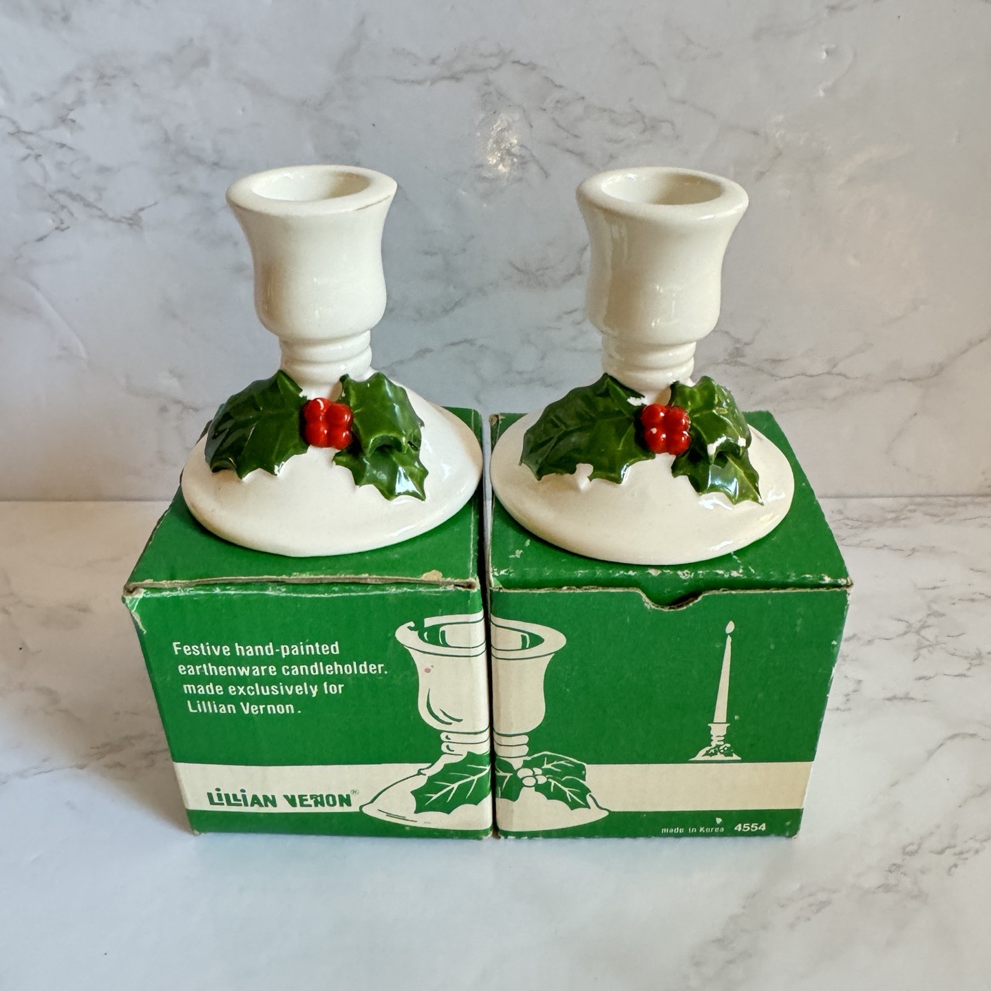 Pair of Vintage Lillian Vernon White Holly Berry Christmas Candle Stick ...