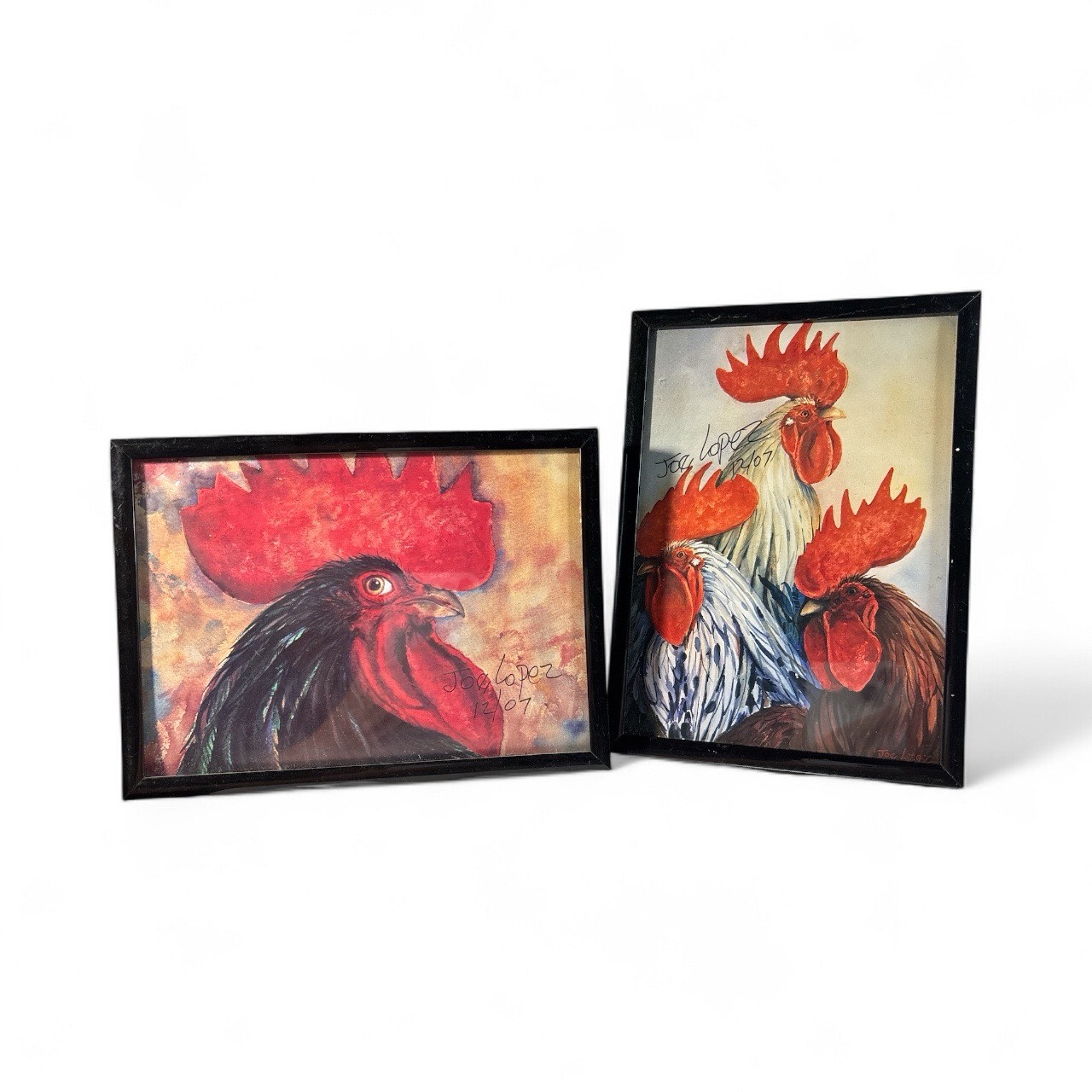 Two Framed 5.5” x 7” Signed Joe Lopez Rooster Prints