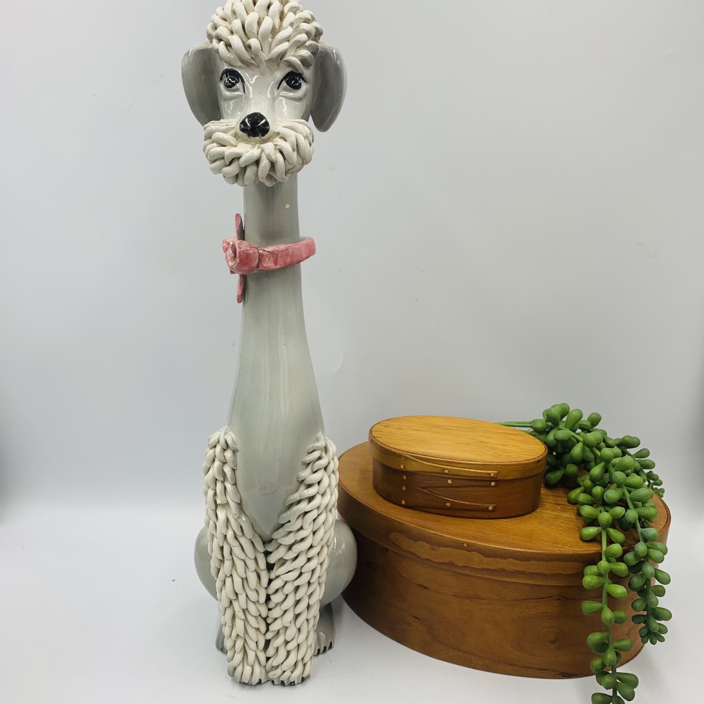 15” Italian Spaghetti grey puddle Dog Figurine With Pink Bow
