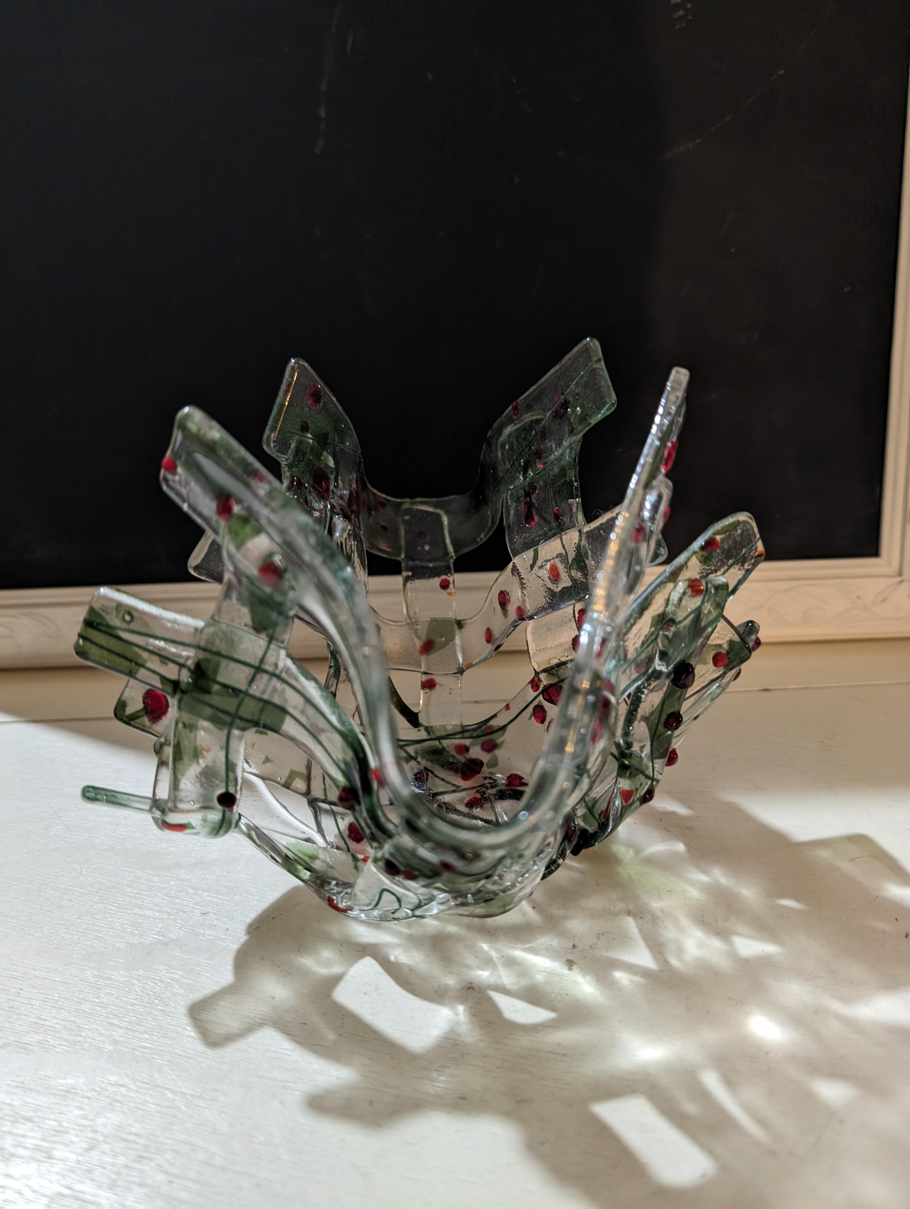 Handmade Fused Glass Abstract Bowl with Red Accents