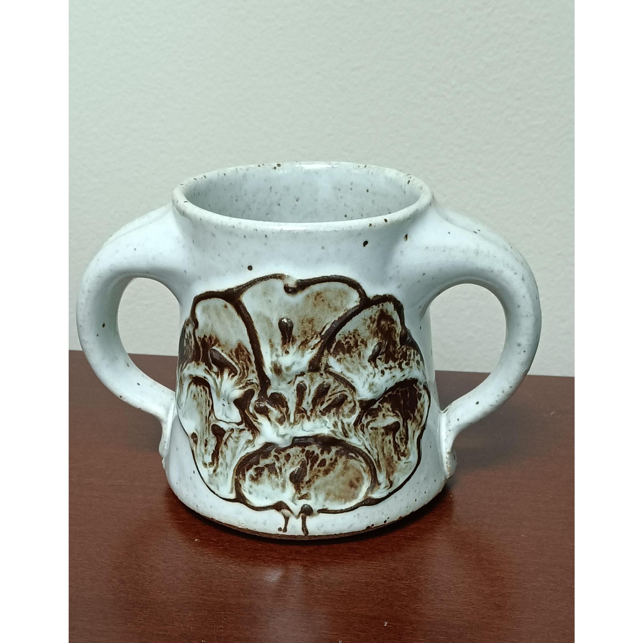 Vintage Diehl Pottery Two Handled Mug Beige Speckled 1987