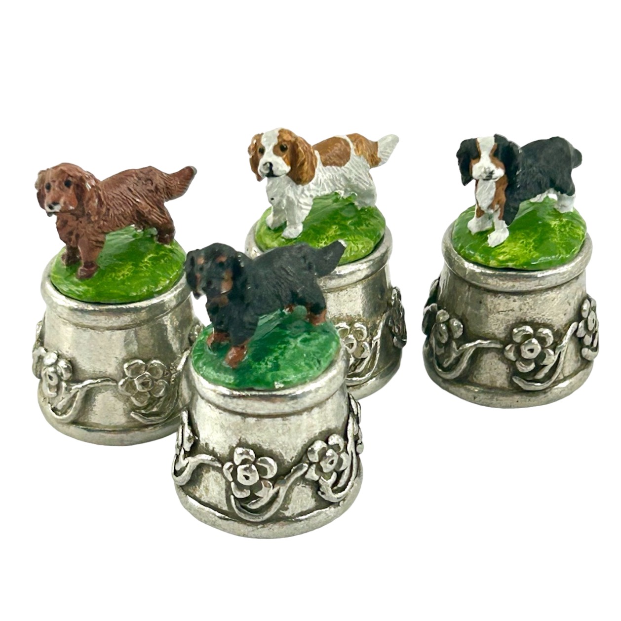 Vintage Set Of 4 Warwick Models Miniature Pewter Thimbles Featuring Dogs