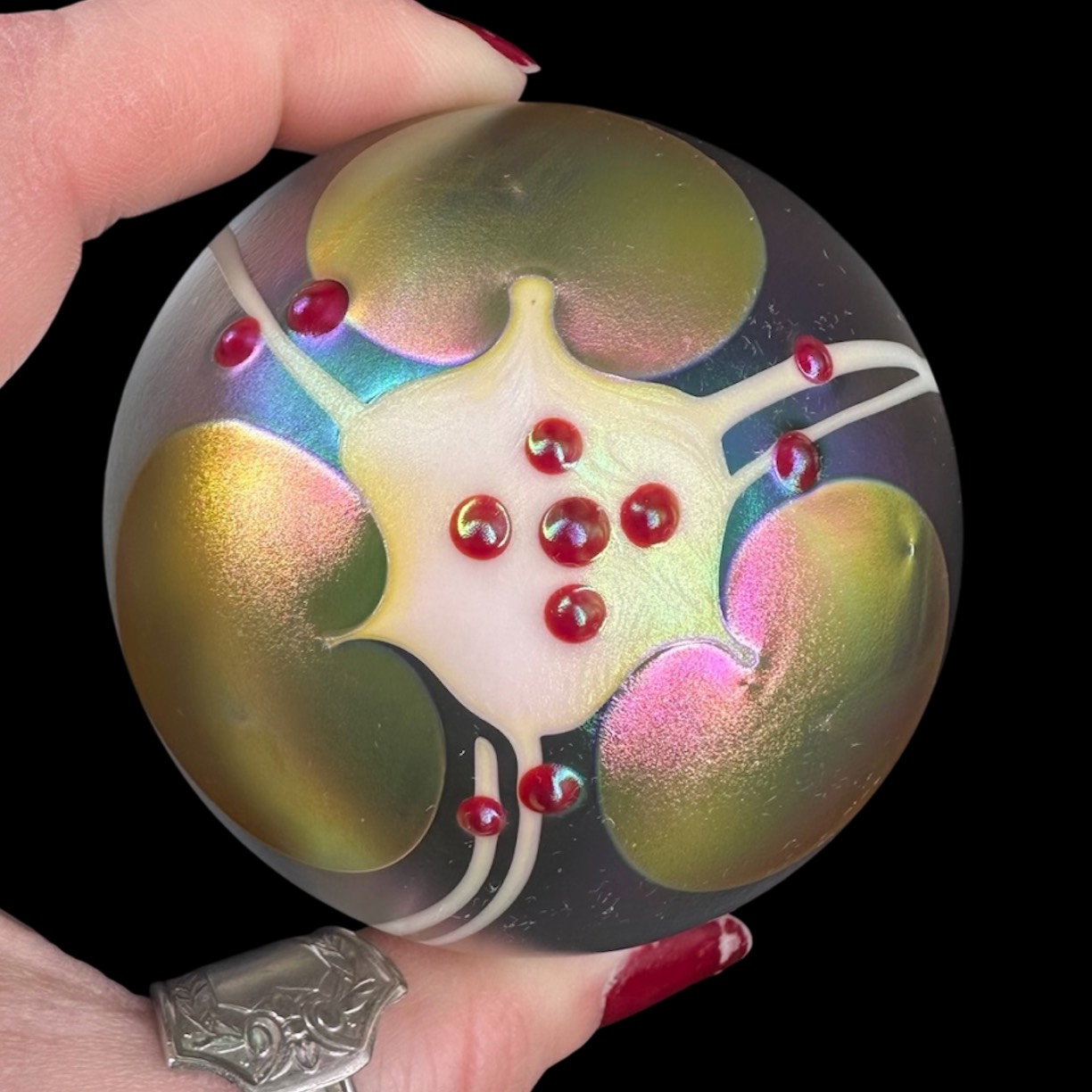 06 Abelman Flower Iridescent Paperweight Signed