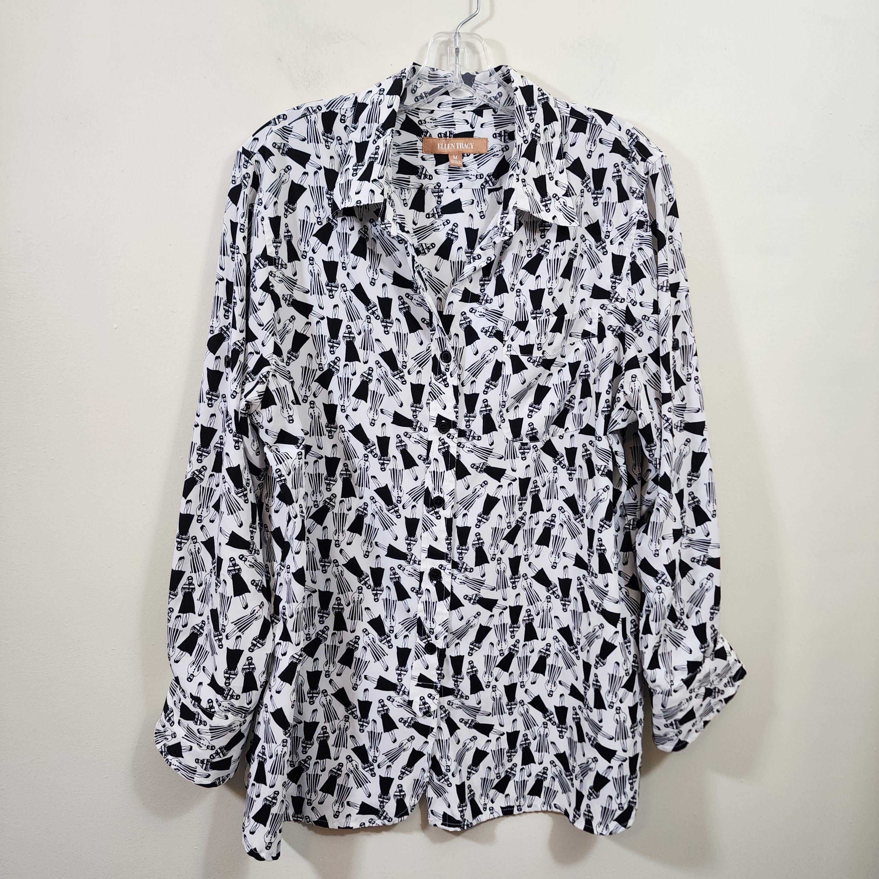 Ellen Tracy double vision woman print roll tab sleeve button front ...
