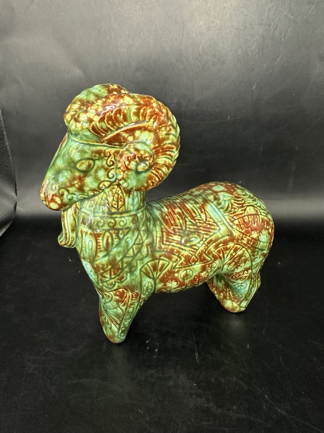MCM Green & Red/Brown Ceramic Ram Figure