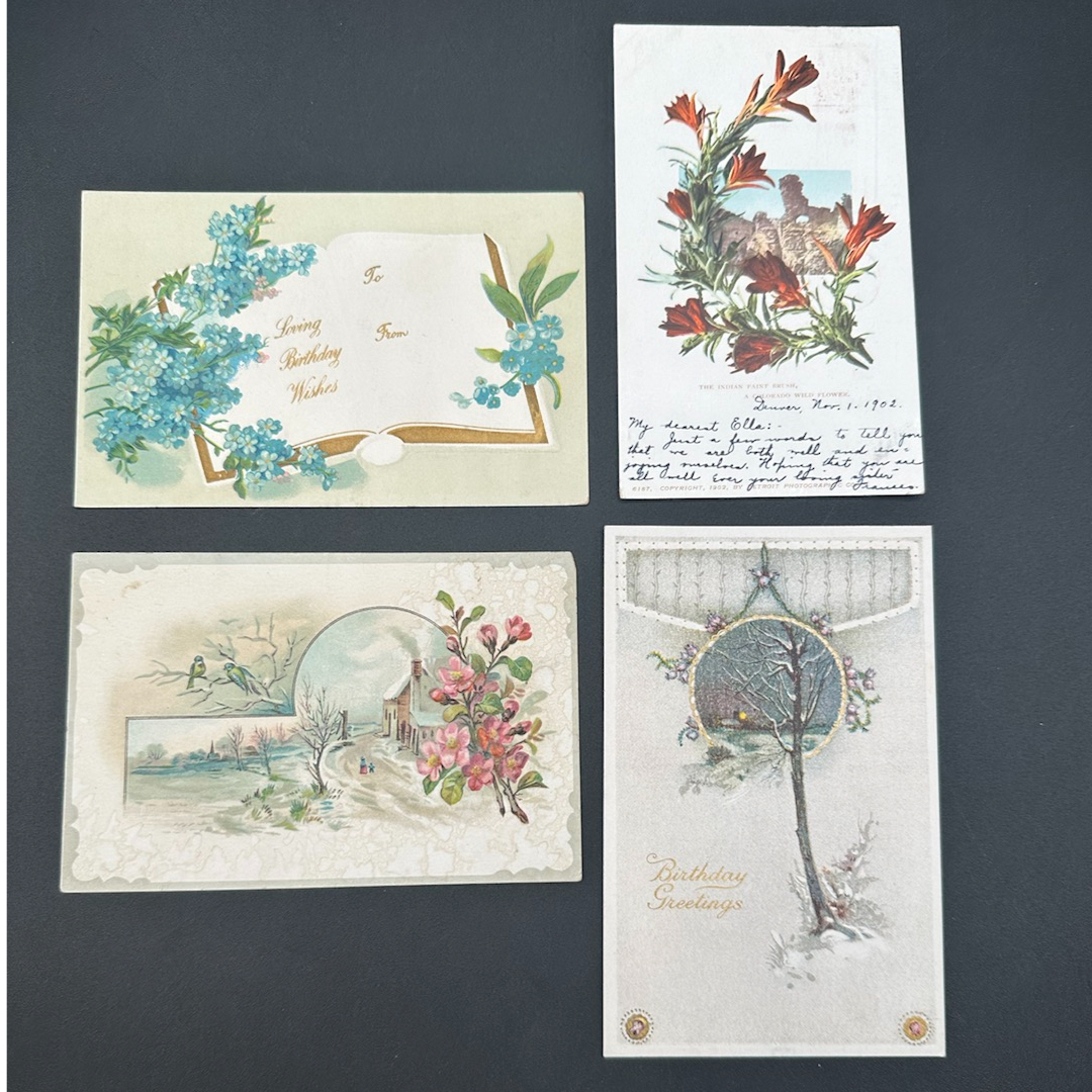 Antique Floral Themed Postcard Collection, 4pcs