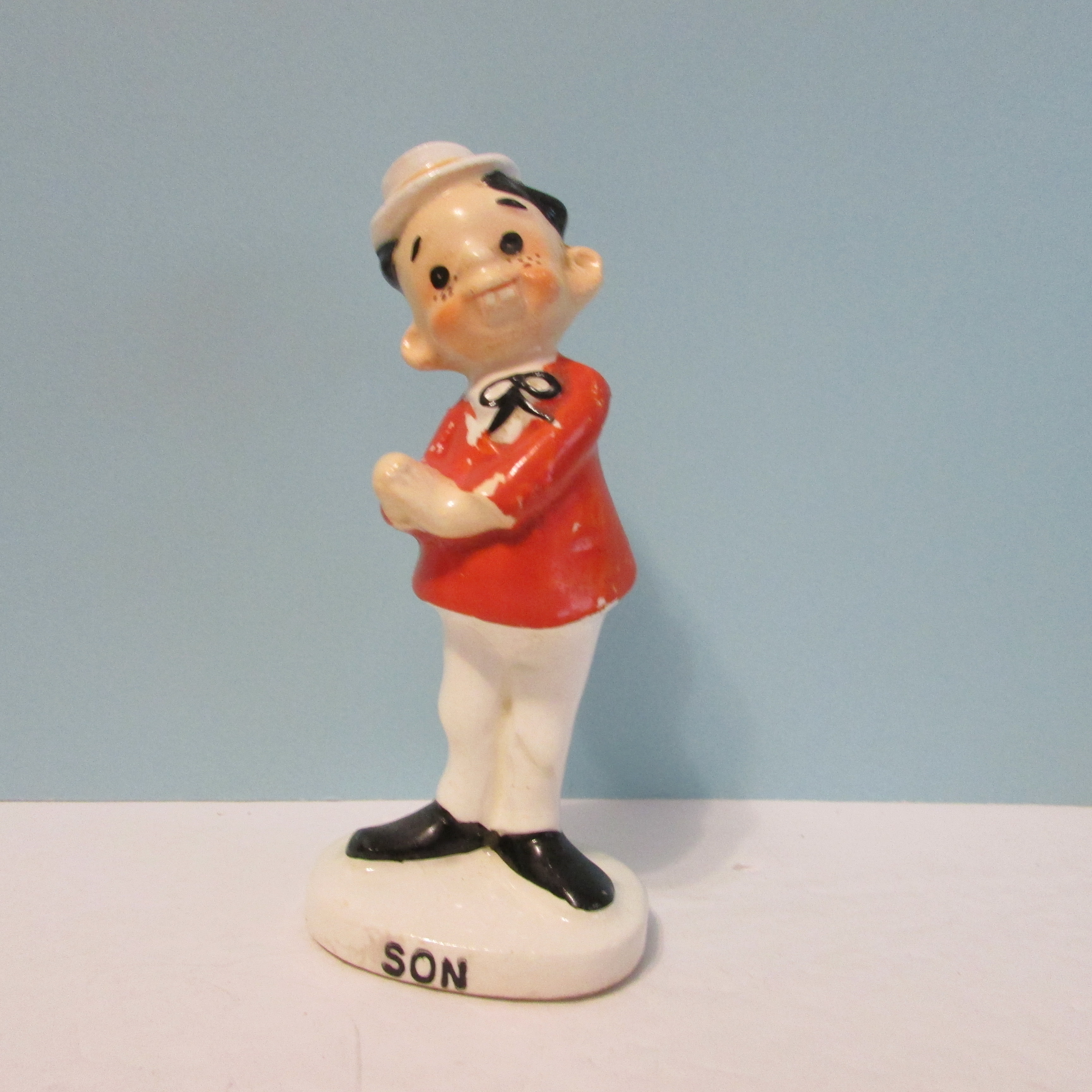 vintage ceramic boy figurine Son red shirt and hat charming kid figure
