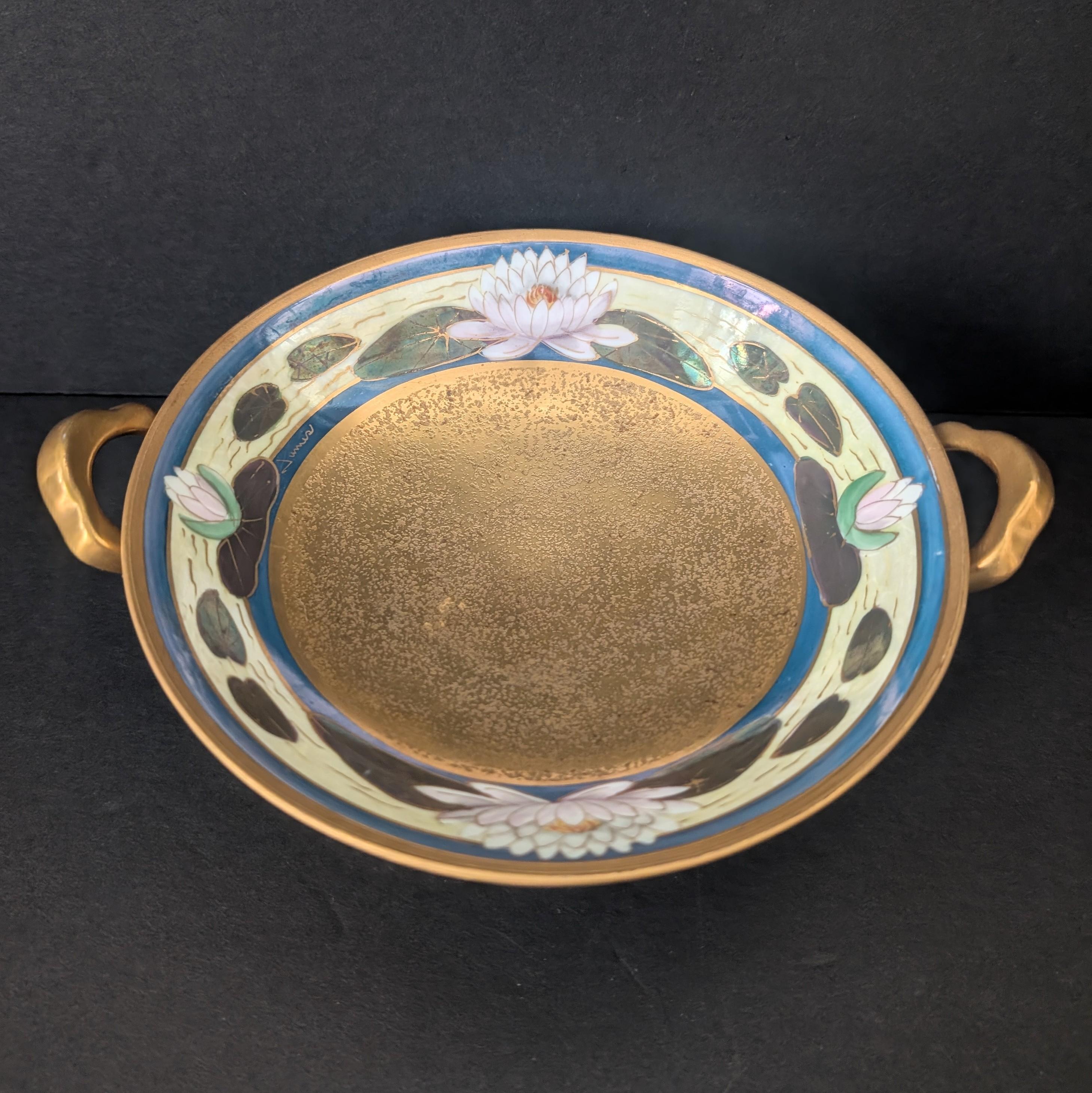 Antique Pickard China Gold Encrusted Pond Lily Art Deco Pedestal Bowl