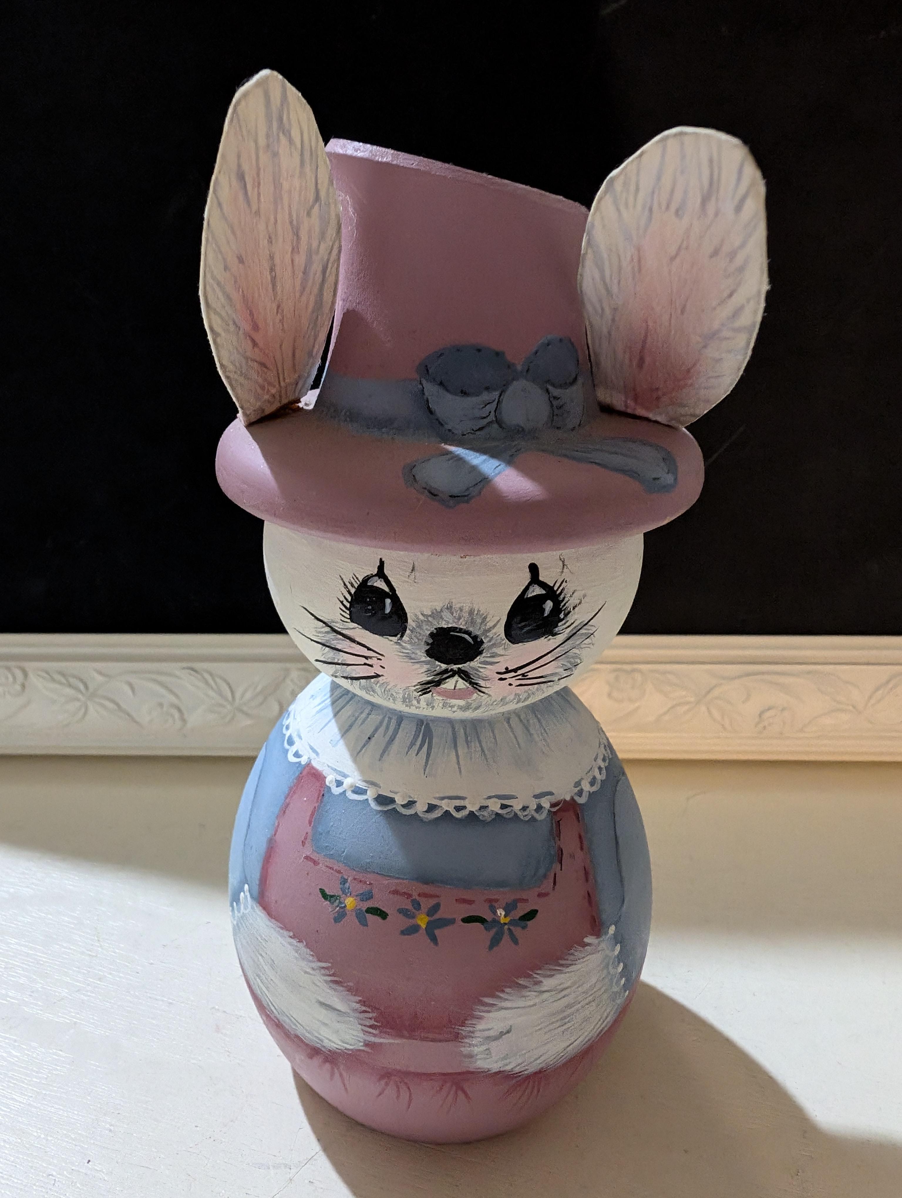 Hand-Painted Wooden Bunny Figurine with Hat