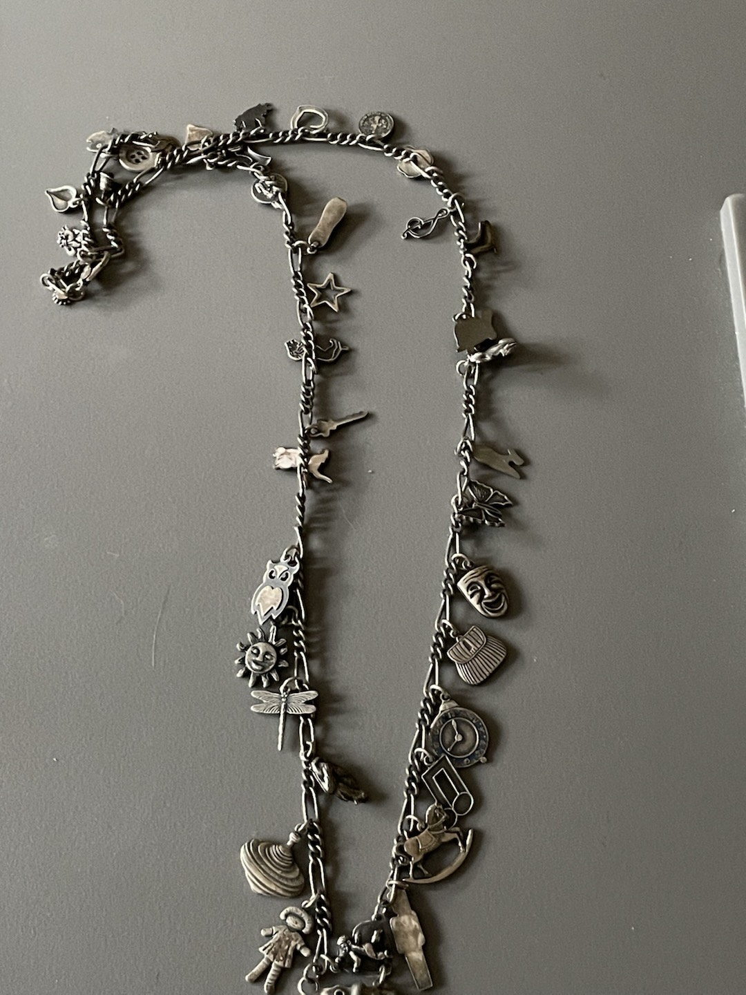 Charm Necklace Long 24” 40 Charms Silvertone Has Locket Gift Valentines ...
