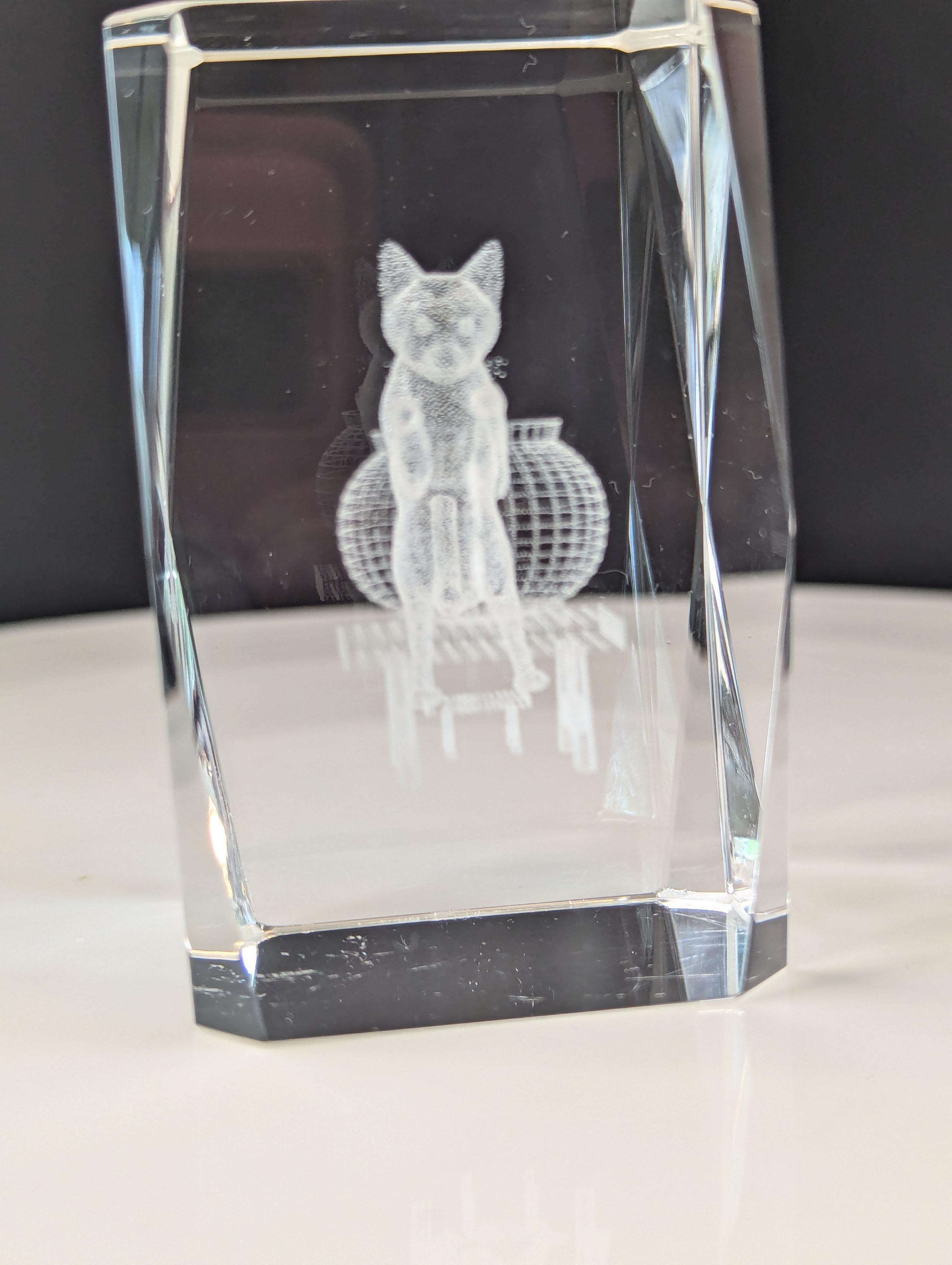 Crystal Cat Figurine, 3D Laser Engraved, Elegant Home Decor, 3" Tall