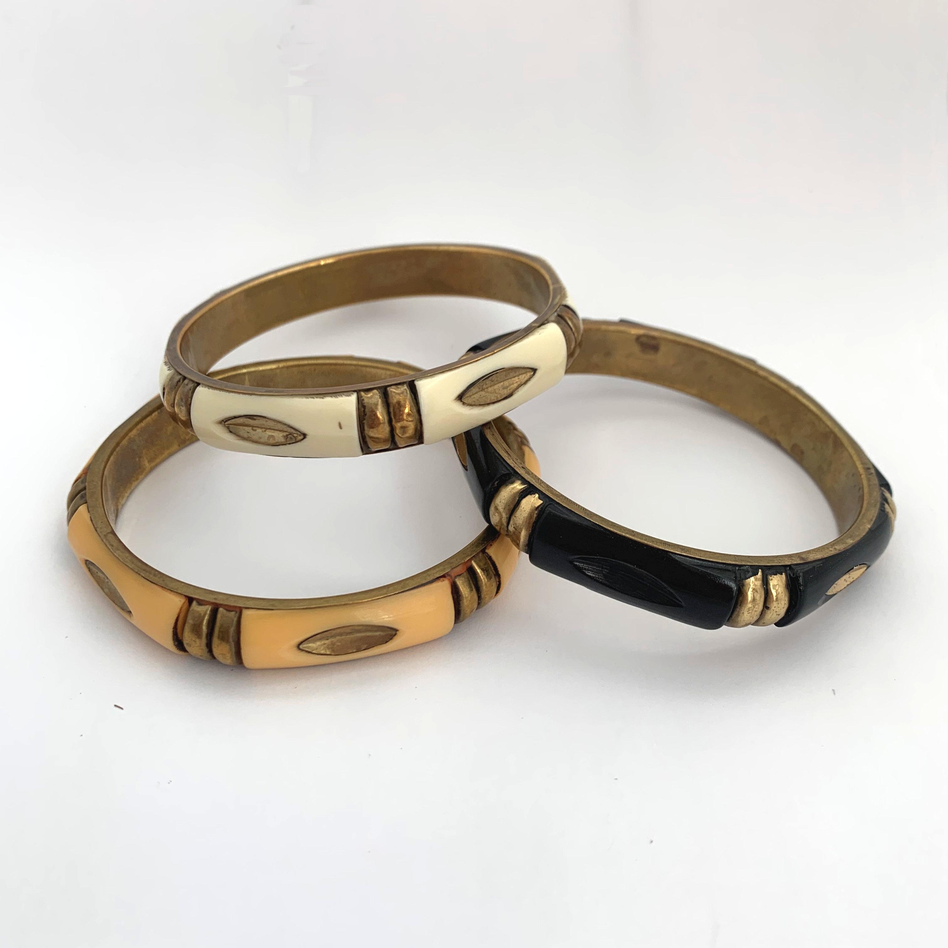 Brass Faux Bone Inlay Bracelets Bangle Black White Tan Retro Vintage