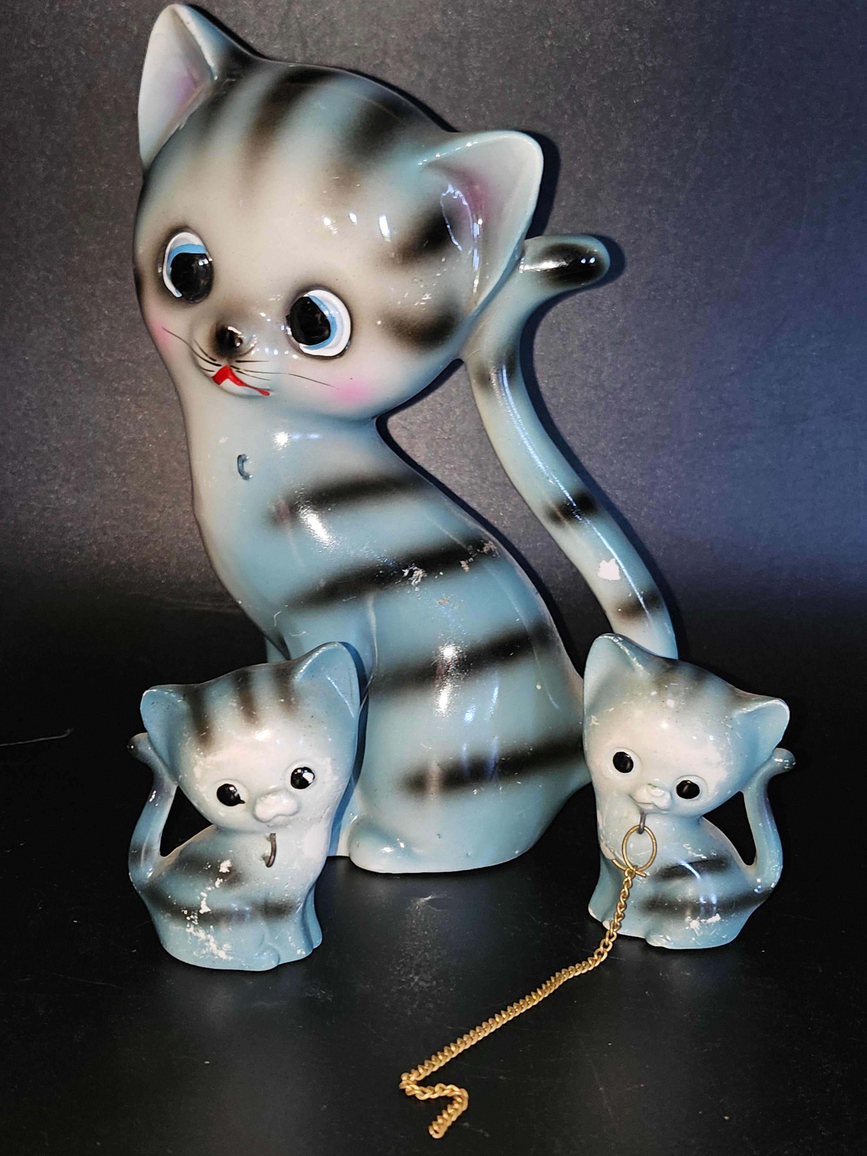 Vintage MCM Mom with 2 Chained Kittens Family • Kitsch • Blue/Grey/Gray ...