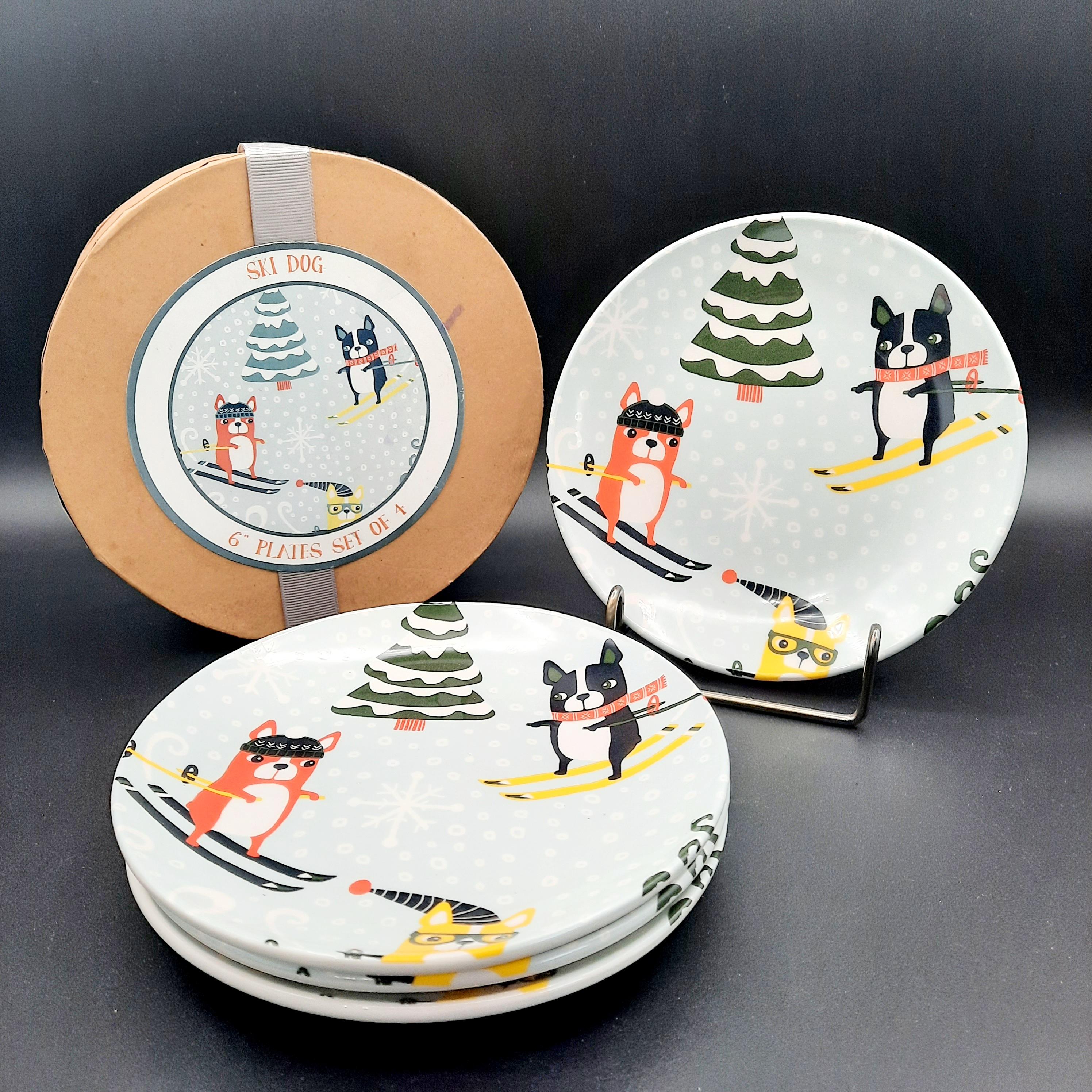 Magenta Ski Dog Whimsical Kitsch Winter Appetizer Plates Set Of 4