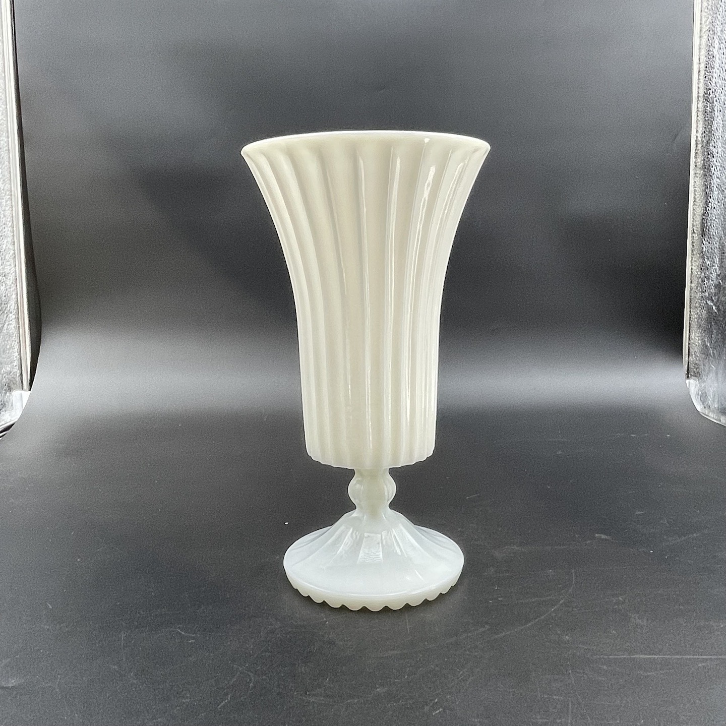 Large White Ribbed Milk Glass Vase Pedestal Footed Planter Home Decor