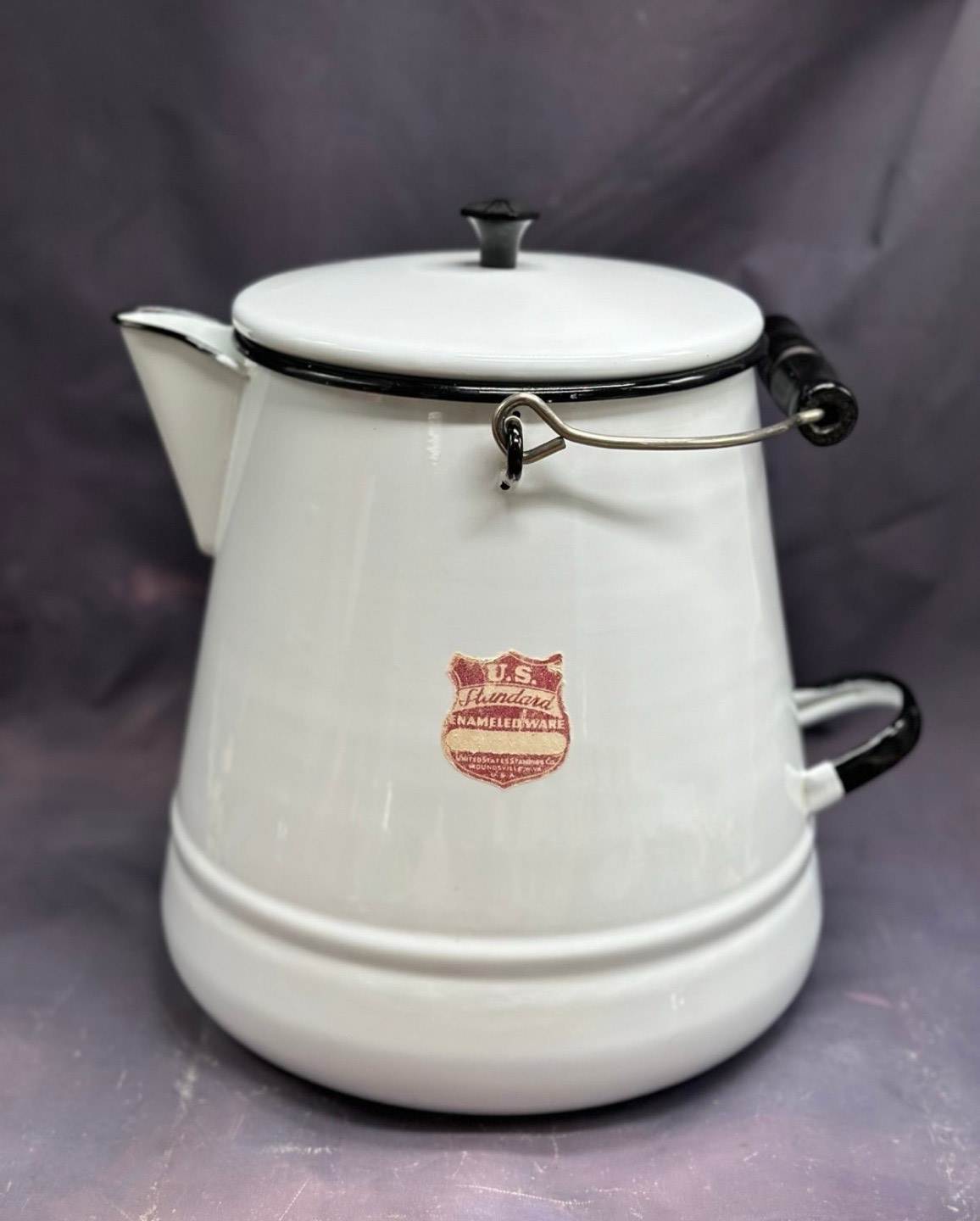 Large Enamelware Cowboy Coffee Pot White Enamel Black Trim U.S ...