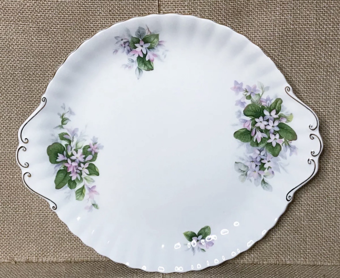 Royal Albert Mayflower Bone China Platter w Handles Fluted Edge Gold Trim