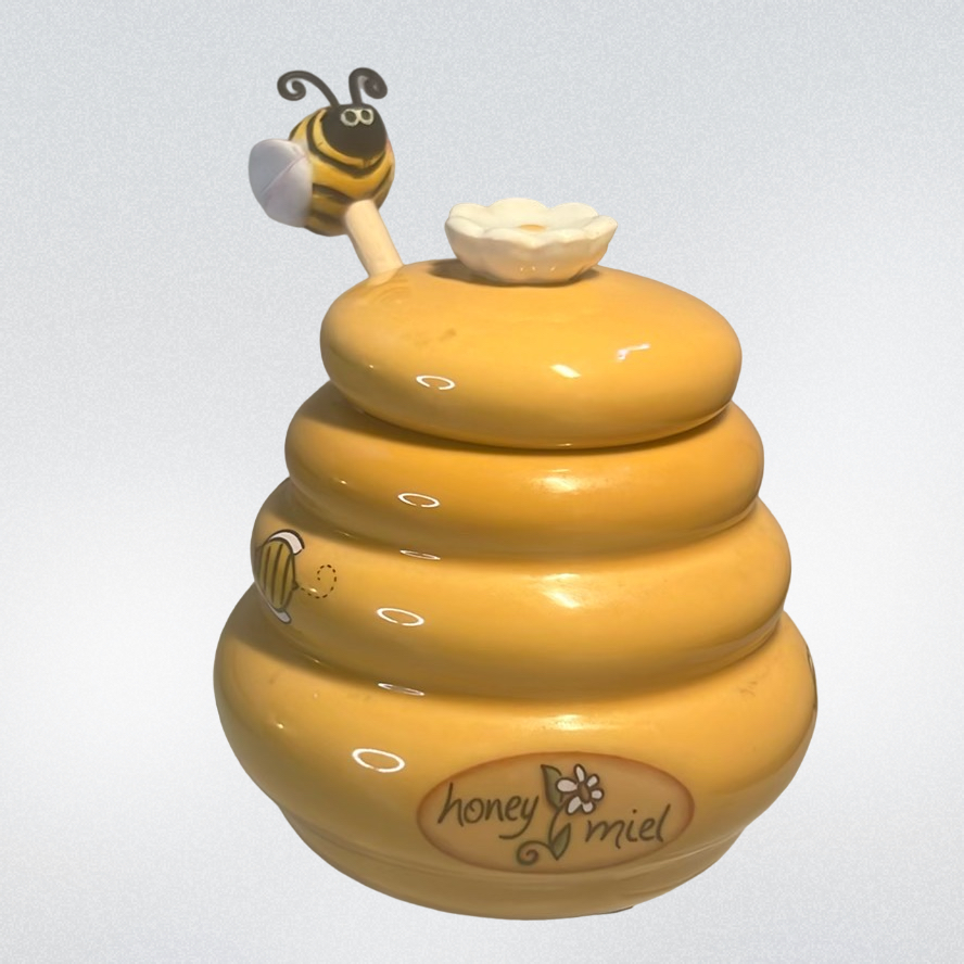 Small Honey Pot W Bee Dipper & Flower Lid “Honey Miel”