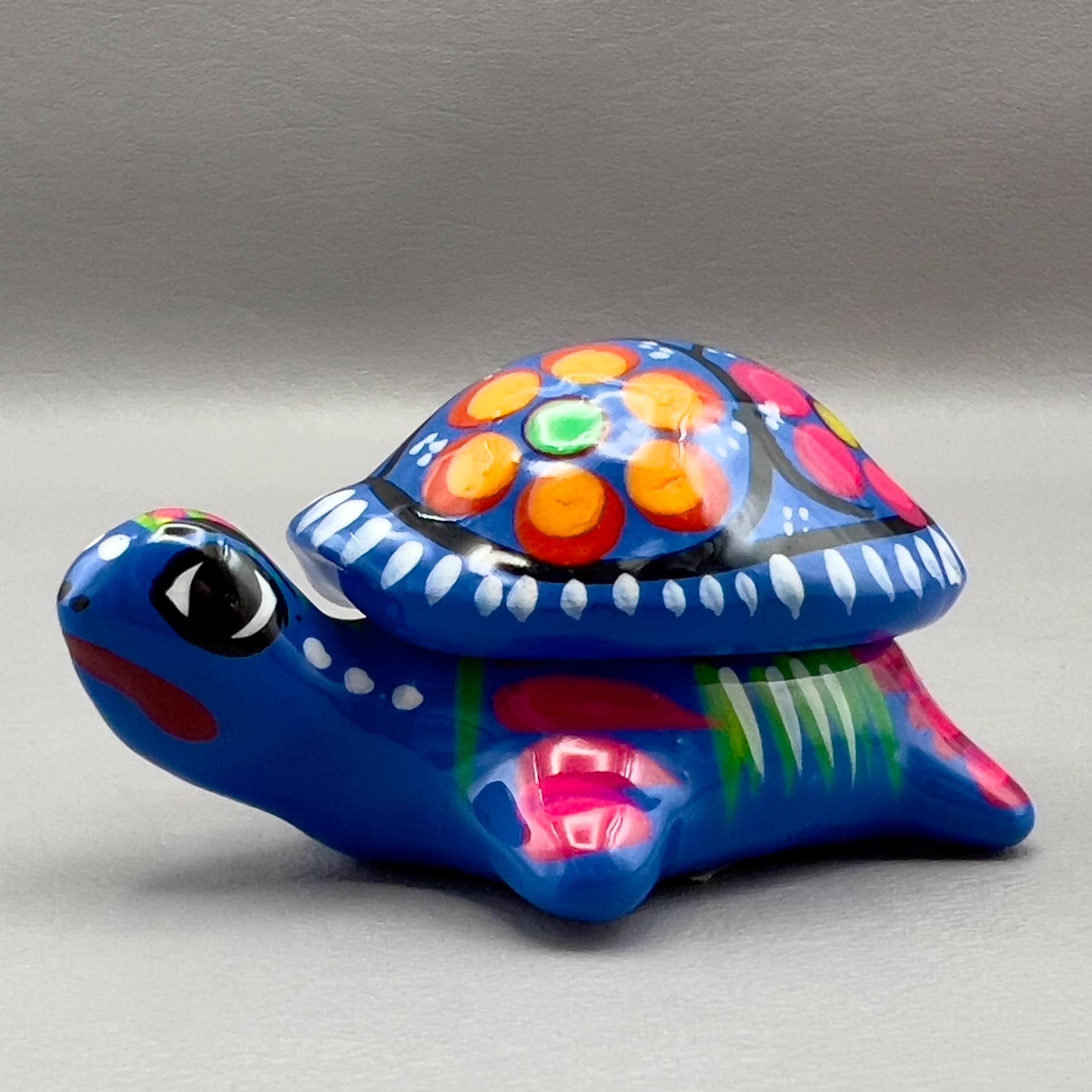 #006 Mexican Pottery Turtle Trinket Box Blue 3"X1.5" Glows Hand Painted ...