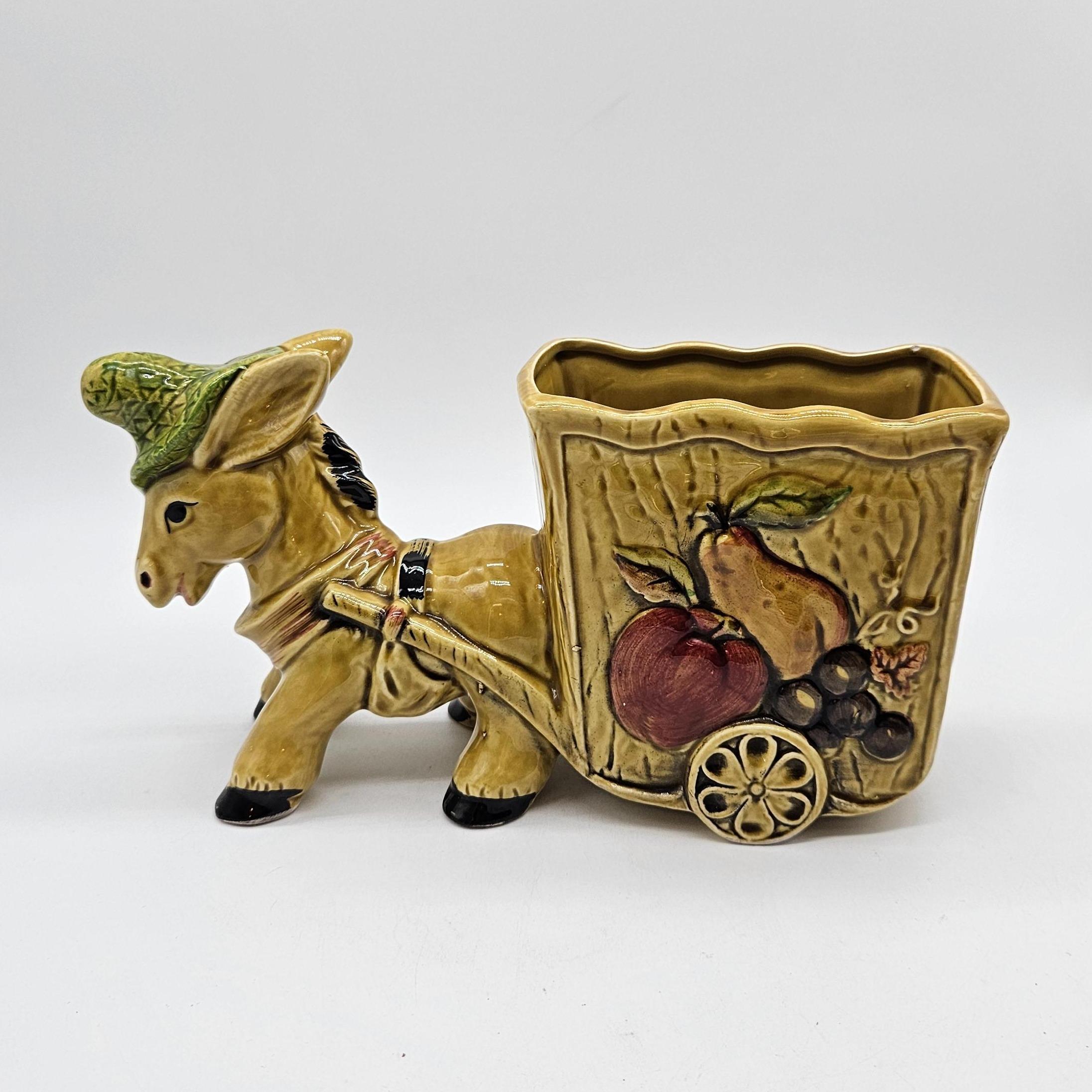 Vintage Ceramic Geo Z Lefton Donkey And Cart Planter 2560