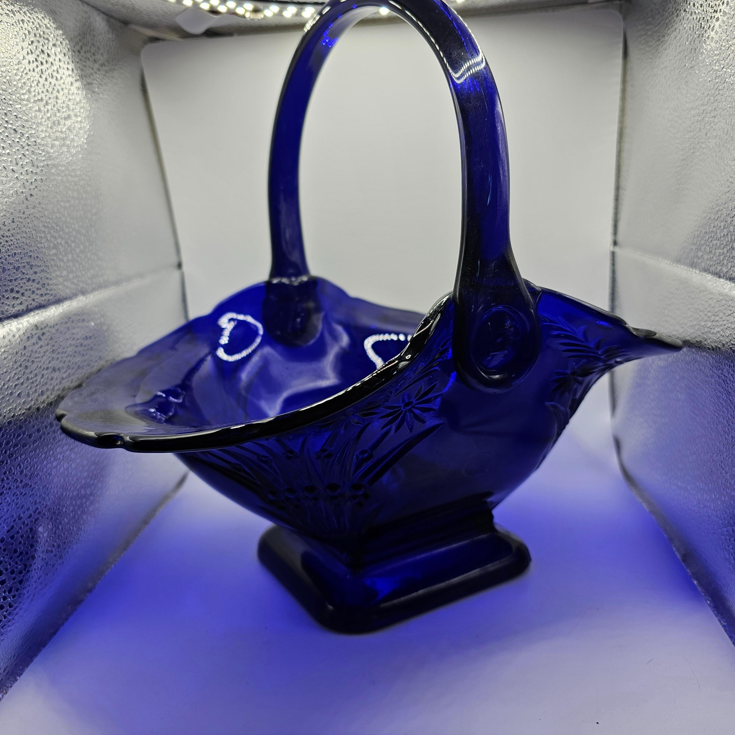 Tiara Cobalt Blue Glass Basket Vintage Signed JT With Handle Large