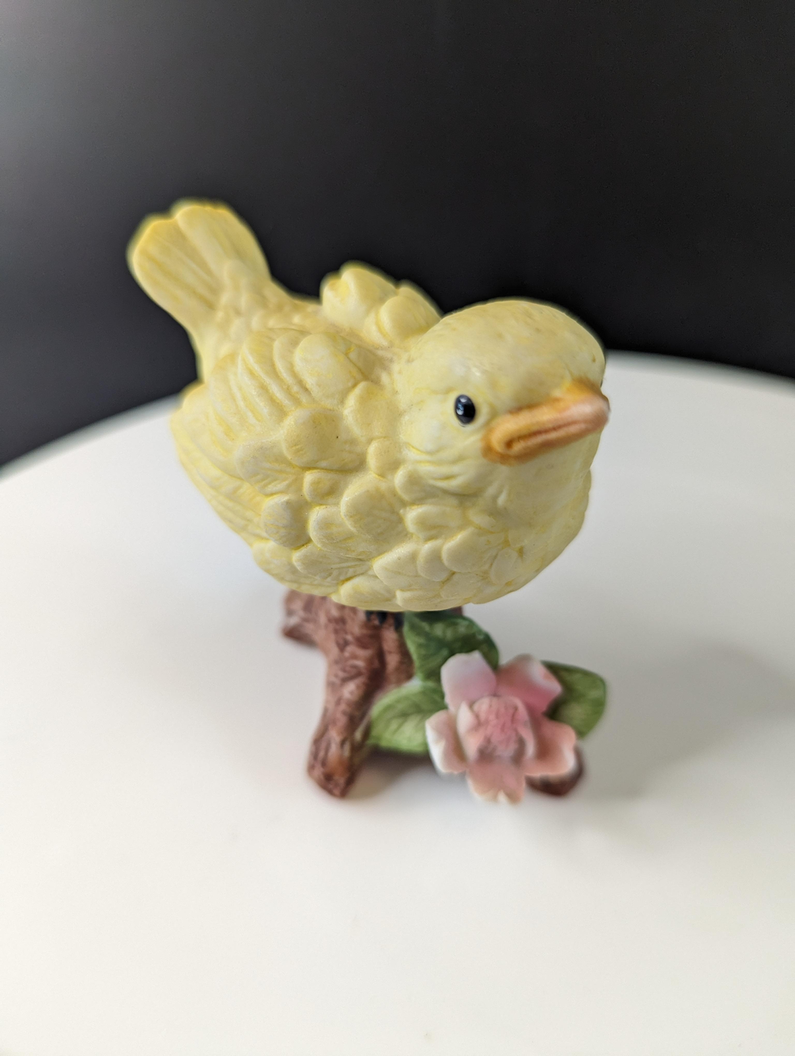Yellow Bird Figurine, Floral Base, Whimsical Decor, Homeco 8885