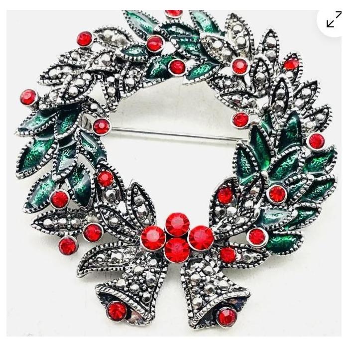Vintage Christmas Wreath Brooch Red Green Rhinestones Silver Tone 2 ...