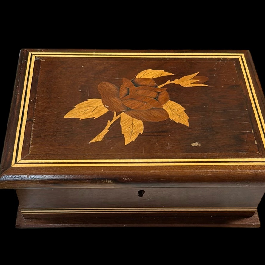 Spectacular Brazilia collection wood inlay rose design, jewelry box 8” x 5