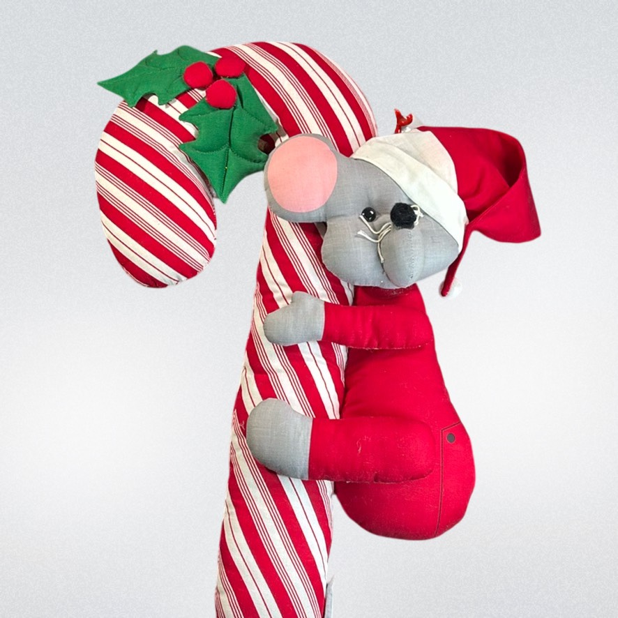 Vintage Handmade Plush Christmas Mouse with a Candy Cane 20” Long
