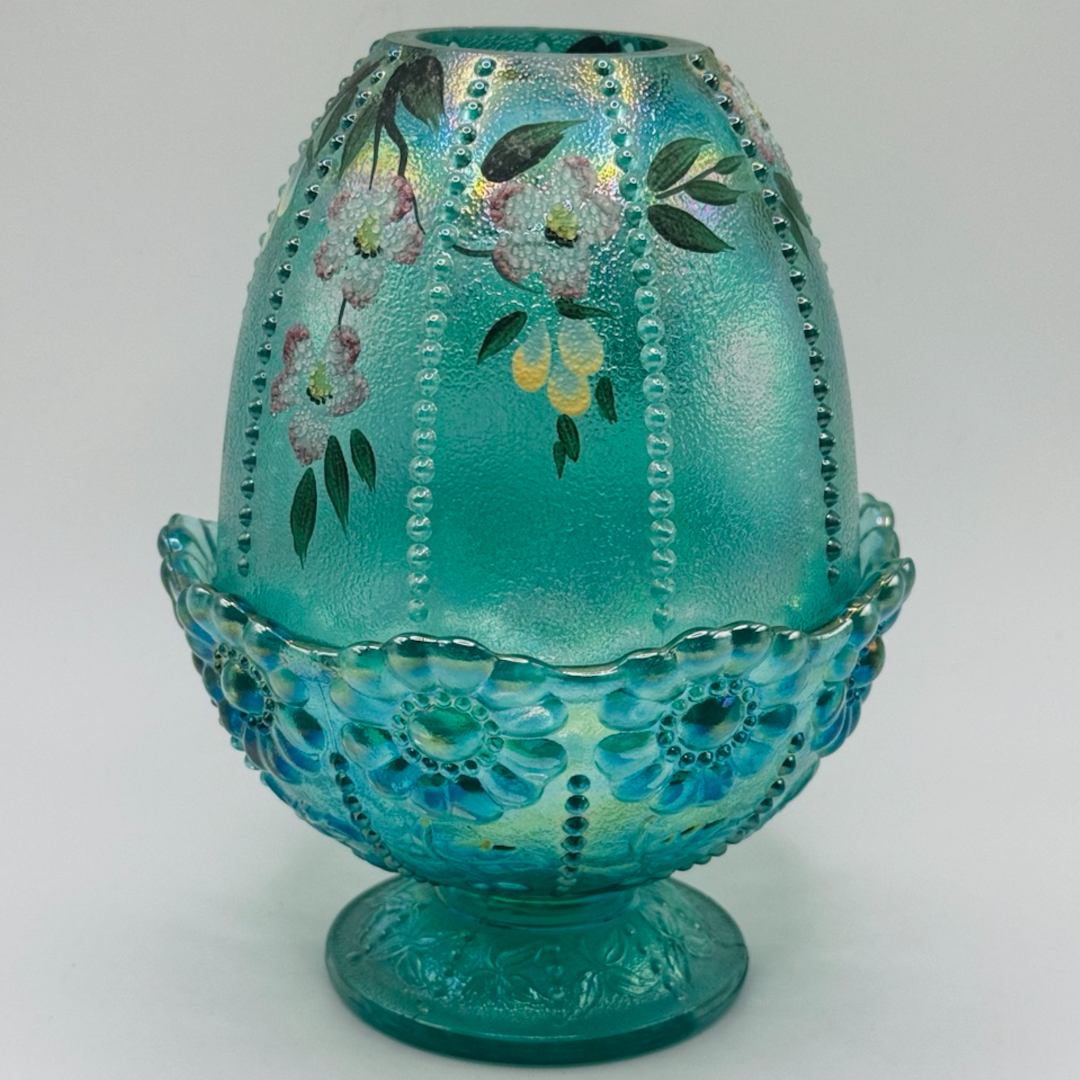 Fenton Beaded Floral On Steigel Green Iridescent Fairy Lamp 6"