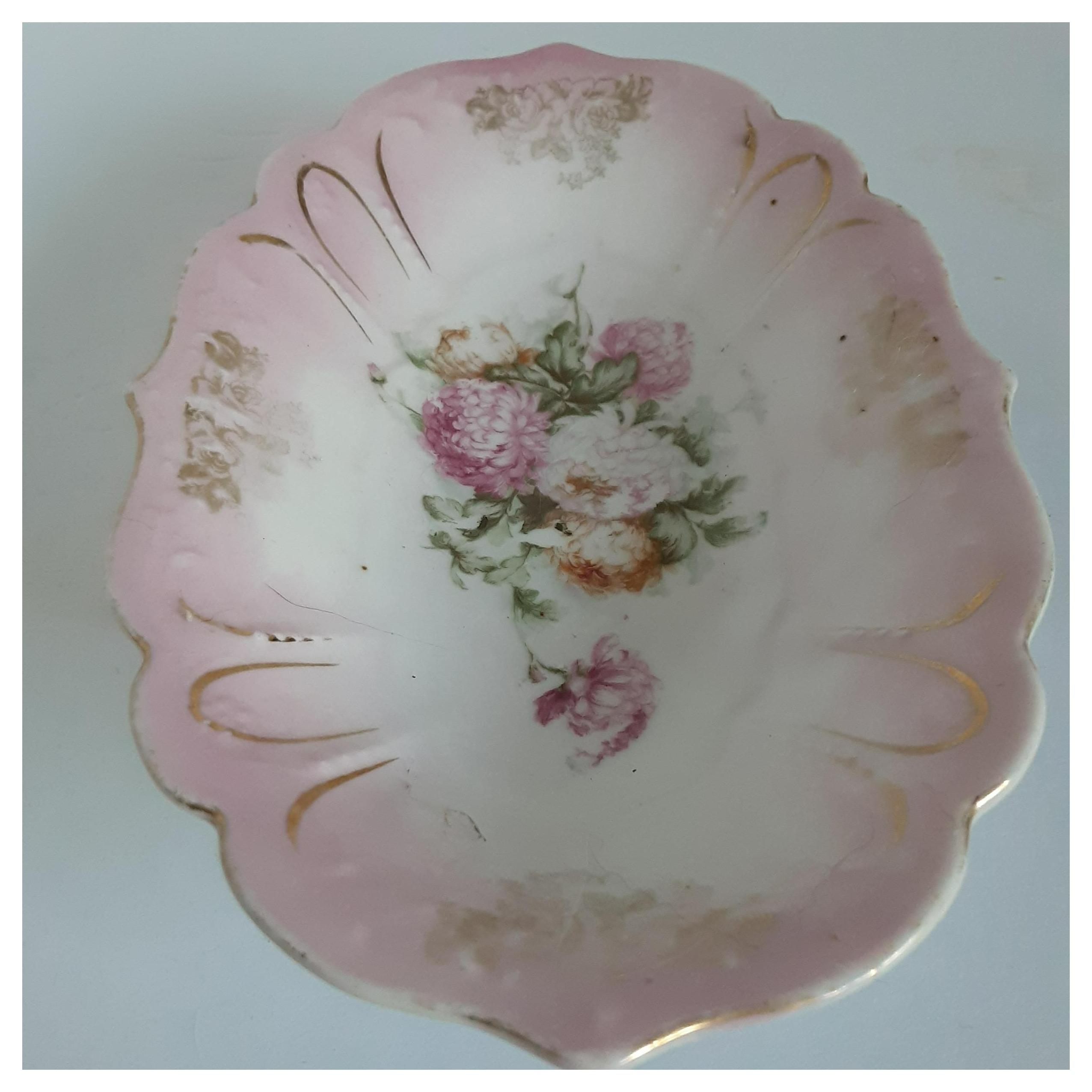 Pink Trinket Dish, Hand Painted Peonies with Gold Accents