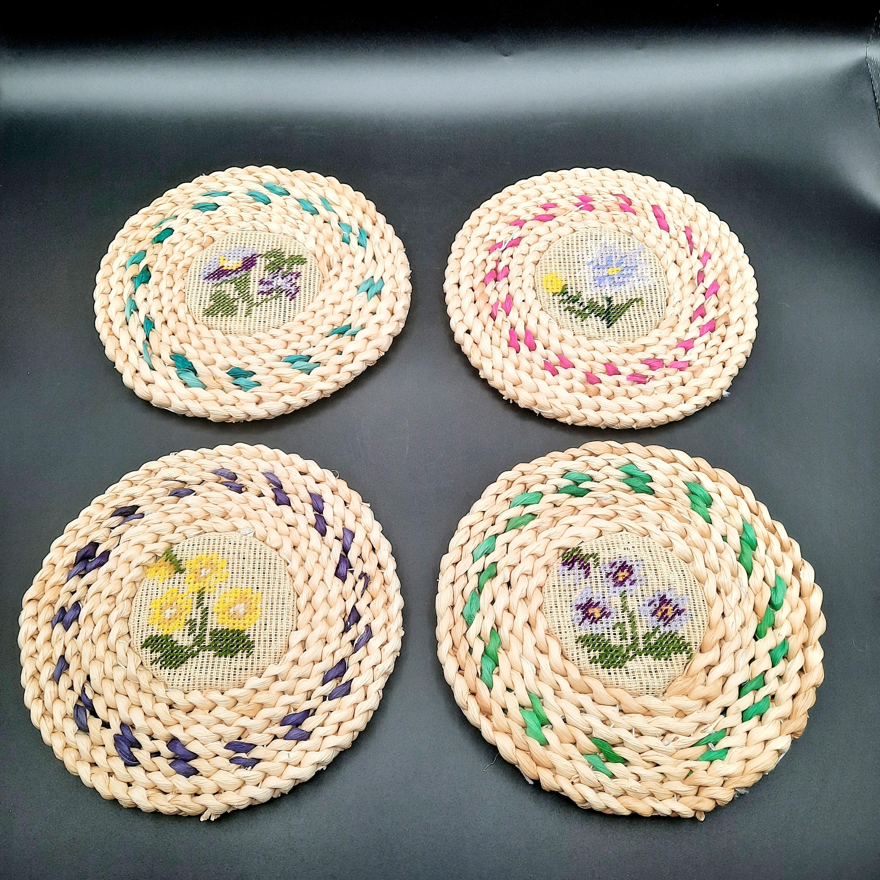 Vintage Embroidered Floral Flower Woven Rattan Wicker Trivets Set Of 4