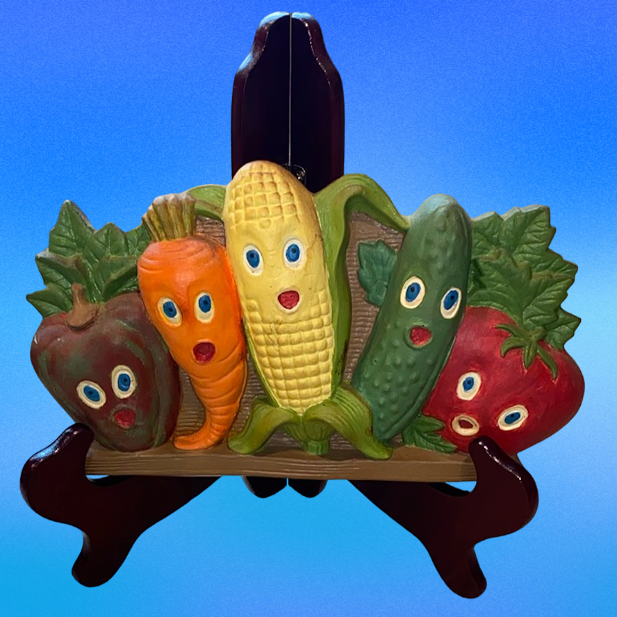 Vintage Kitschy Anthropomorphic Chalkware Vegetable Wall Art Plaque