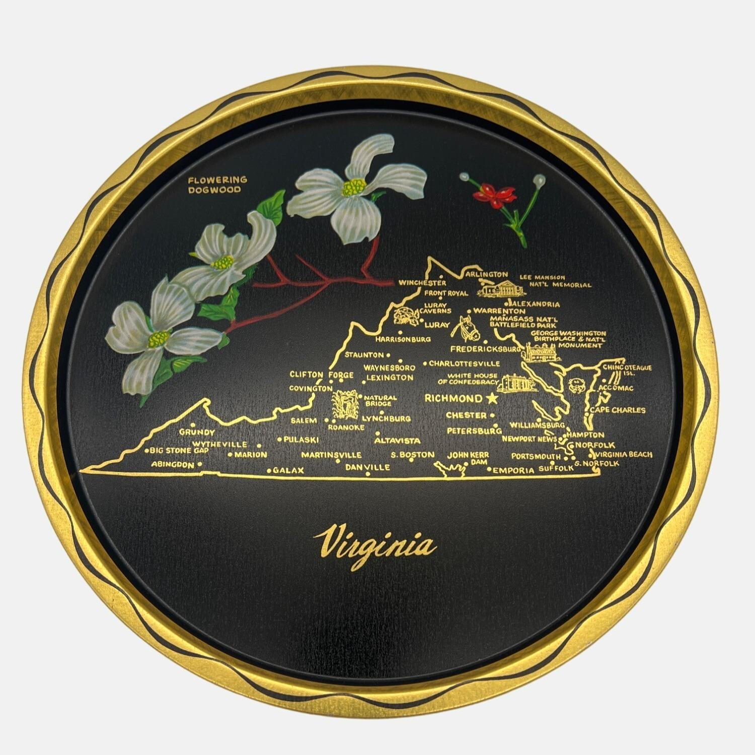 Vintage Virginia Souvenir Metal Tray State Map Flower Dogwood Black ...