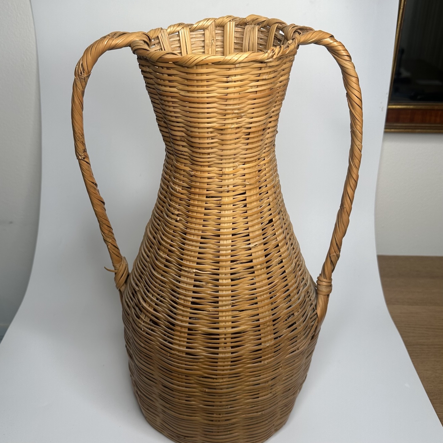 Tall Vintage Wicker Rattan Vase Handled Basket Vase Boho 60’s/70’s