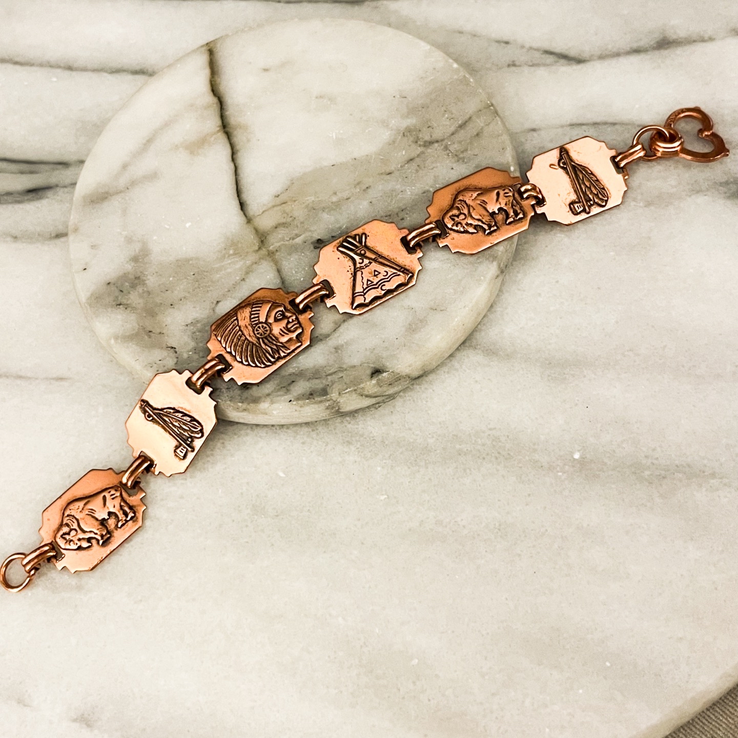 Vintage Native American Stamped Copper Metal Link Bracelet Buffalo Indian