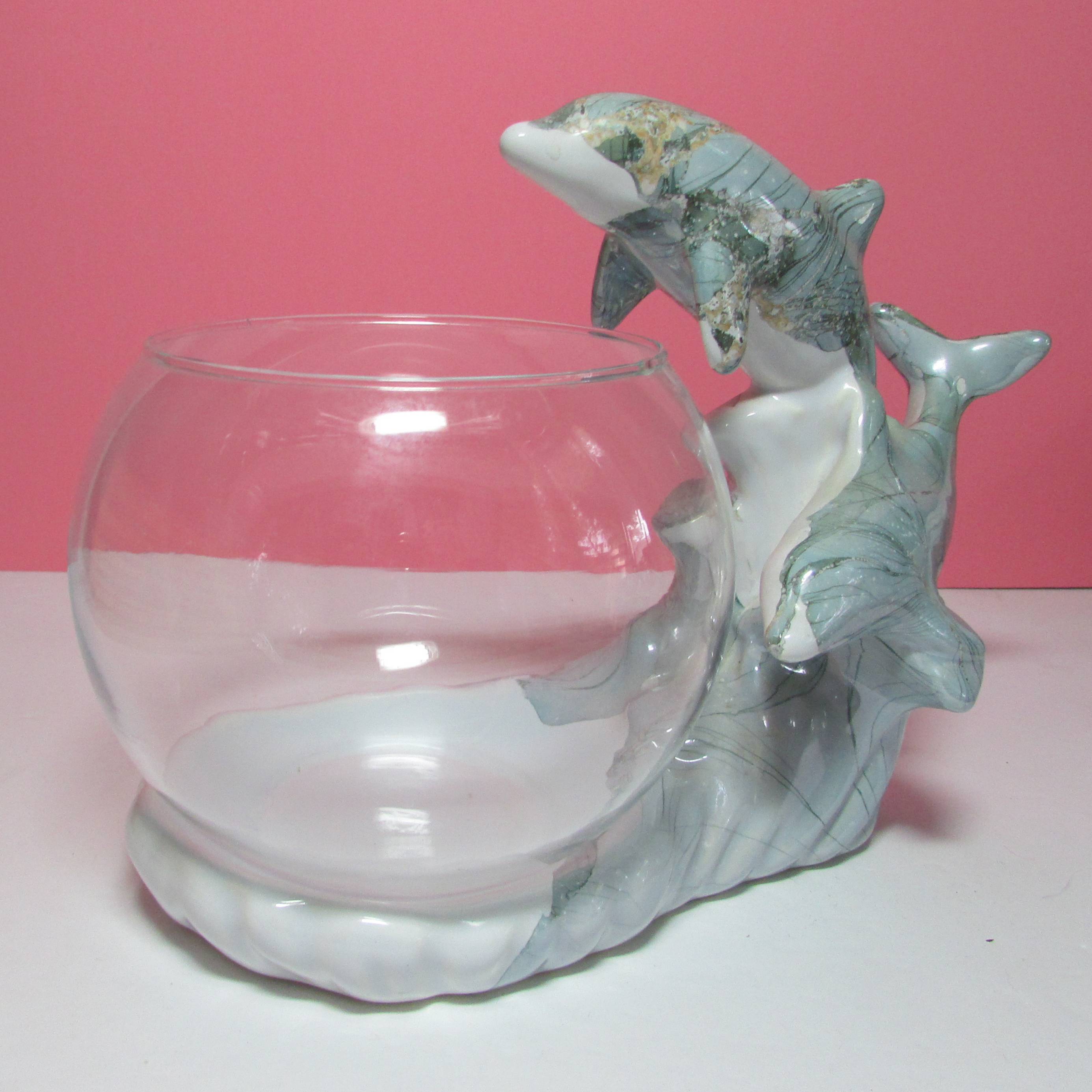 vintage Haeger blue marble effect dolphins fish bowl holder and glass ...