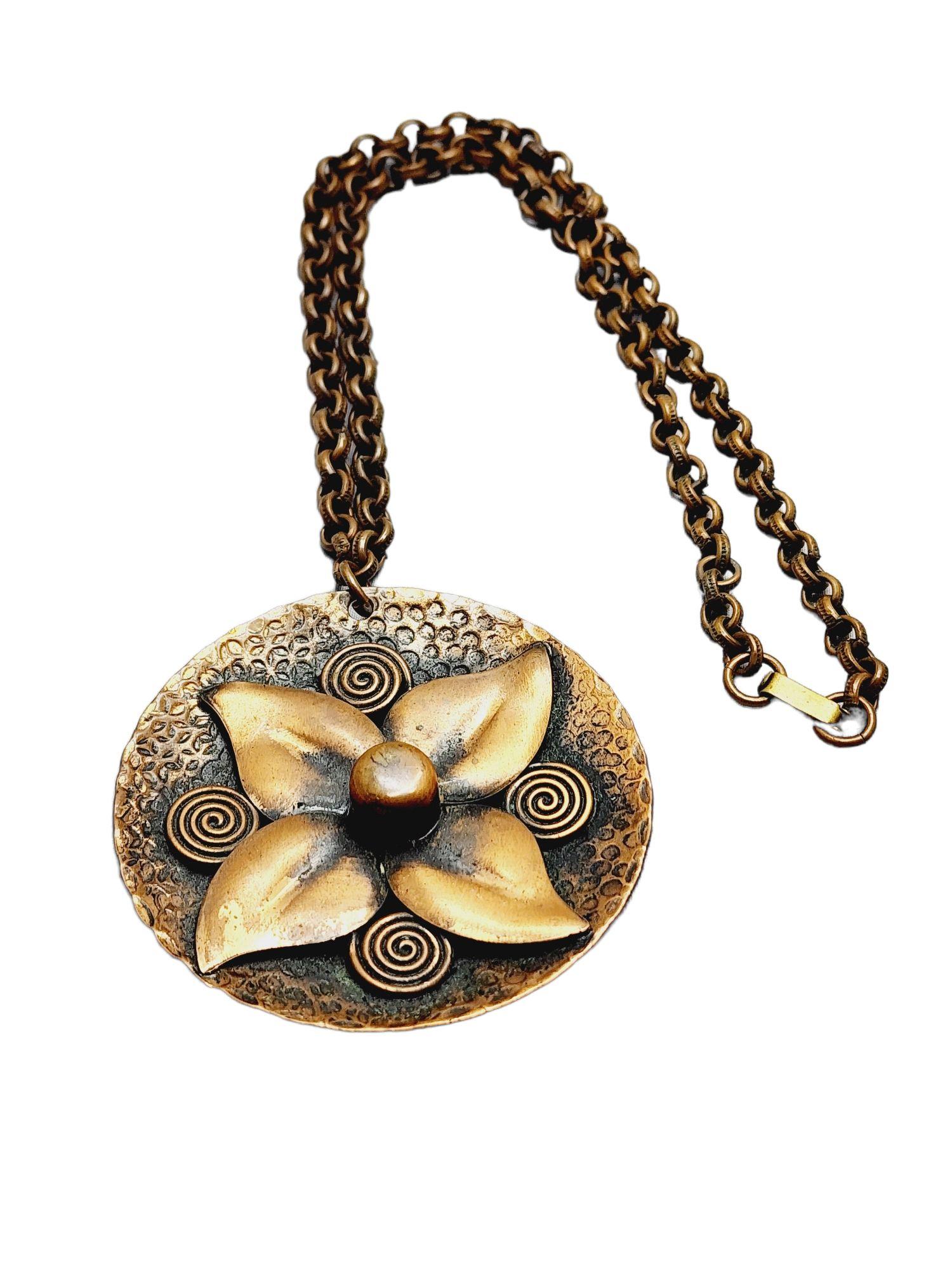 Vintage Signed Genuine Copper MCM Flower Pendant Necklace