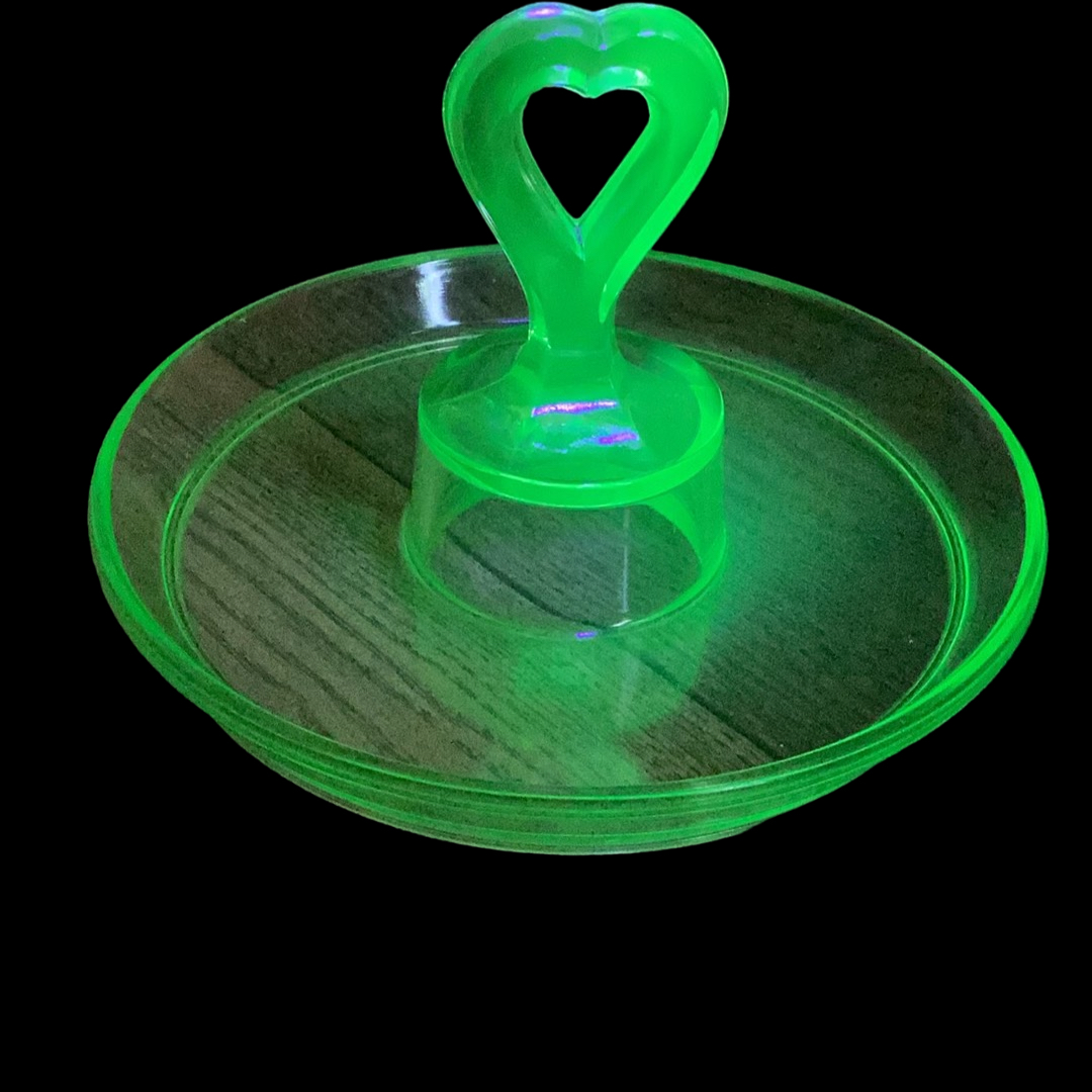 30. Uranium Glass Heart Shaped Handle Dish/Tray