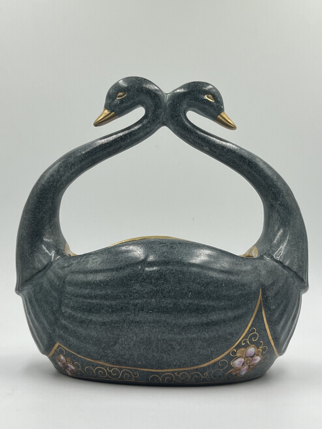 033BB - Mottled Green Ceramic Double Swan Floral Painted Trinket Dish ...