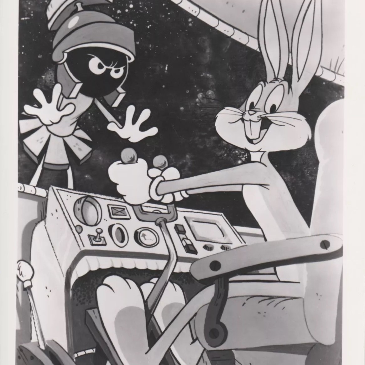 8x10 Black & White Bugs Bunny and Marvin Martian Space Ship Looney Tunes
