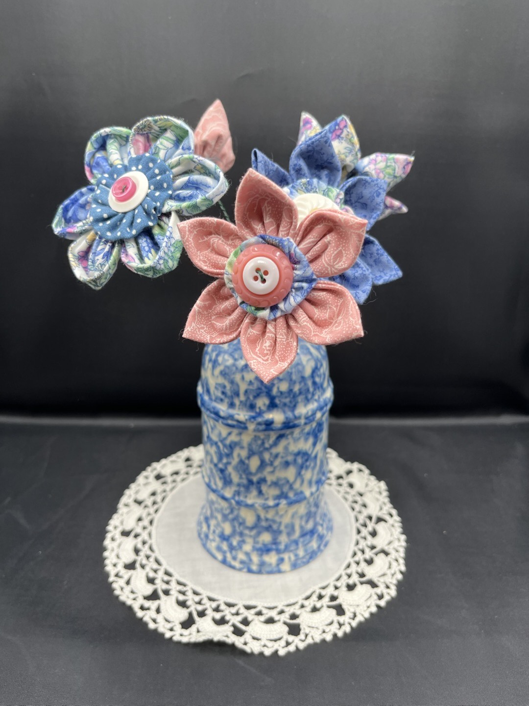 Made By Me Fabric And Button Flowers In Vintage Blue And White Speckled ...