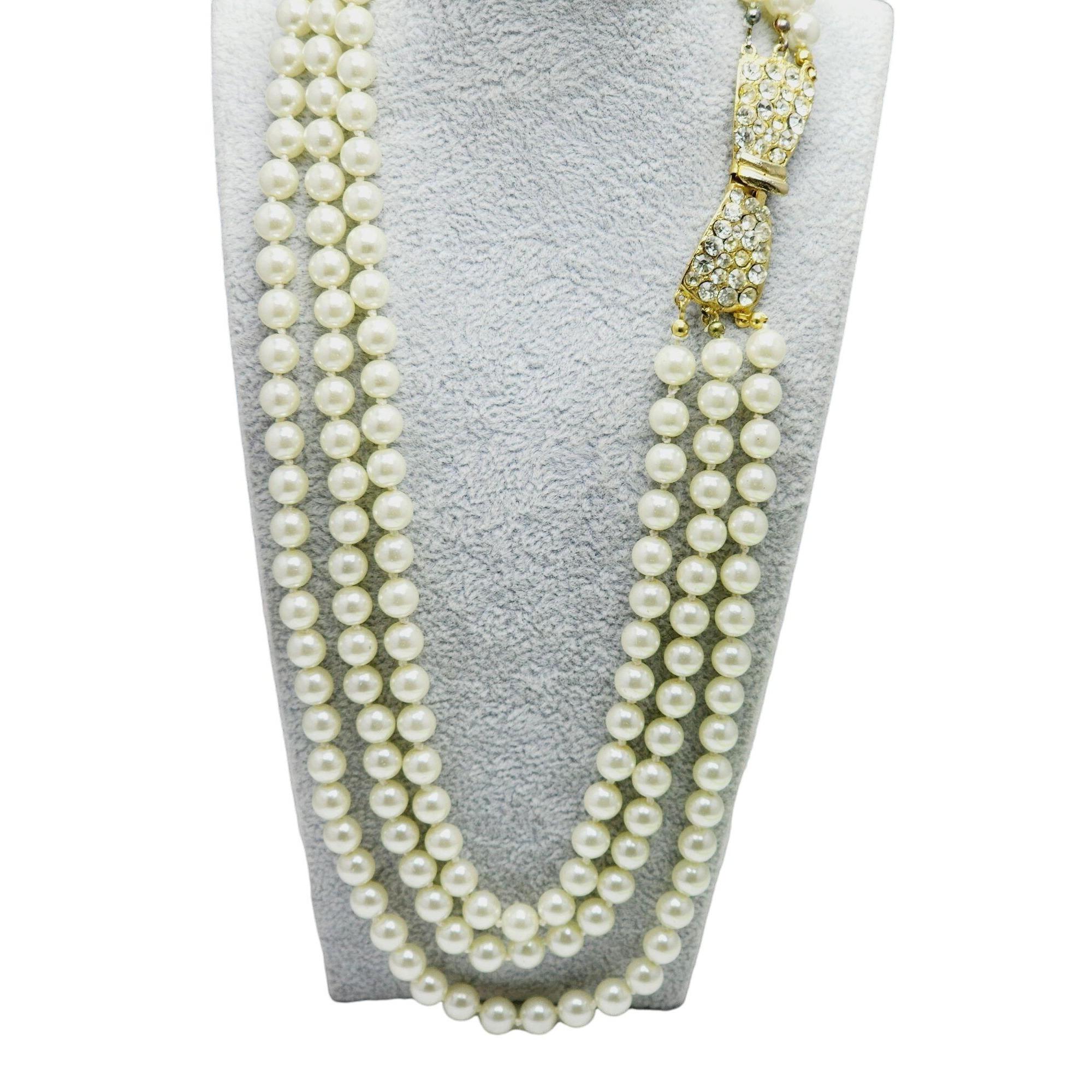 Vintage 80s Triple Strand Glass Pearl Rhinestone Bow Necklace (A899)