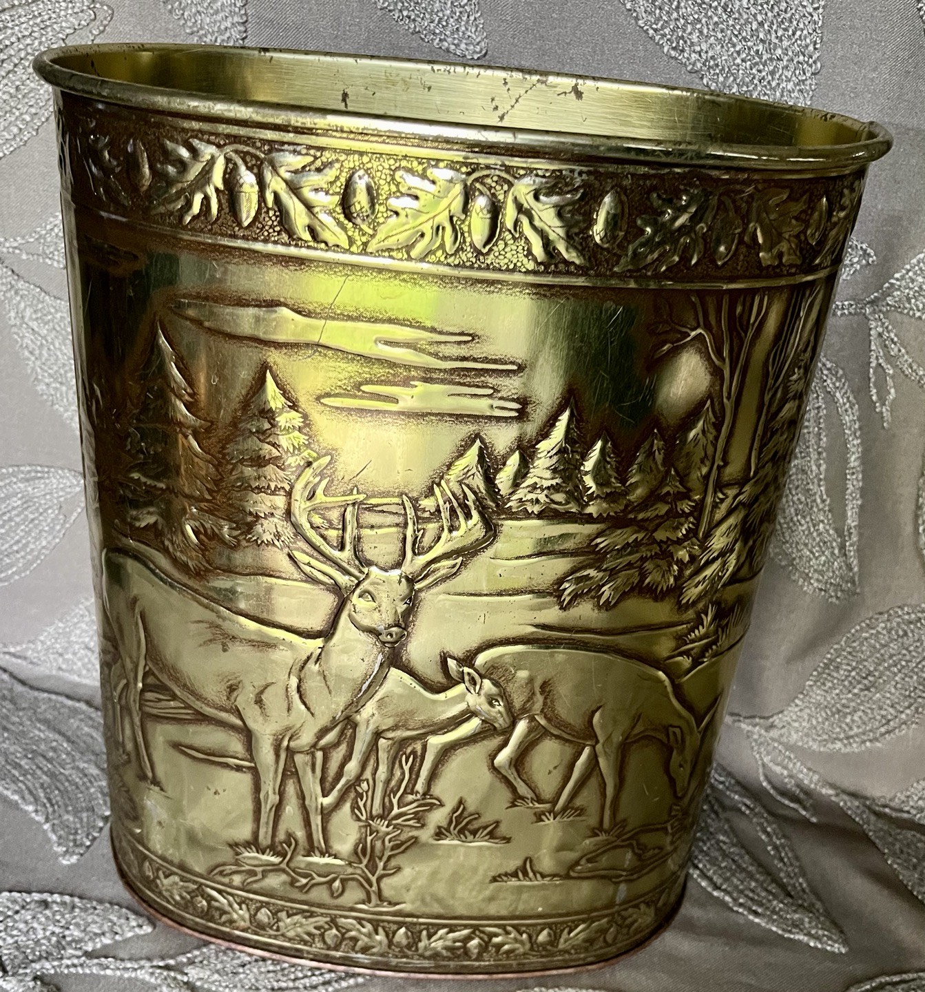 Weibo Repousse Brass Trash Can Whitetail Deer Buck Doe Pine Trees Oak ...