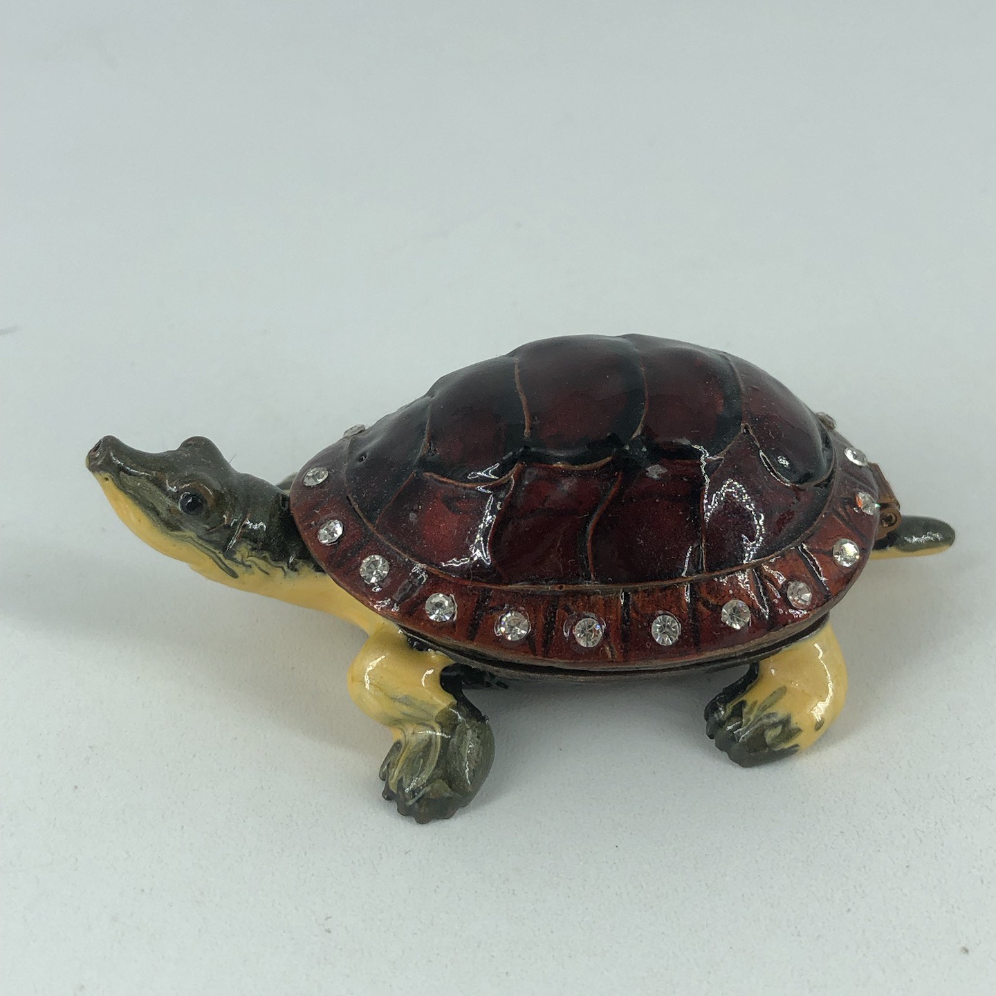 Bejeweled Enamel Over Metal Turtle Trinket Box Hinged Lid