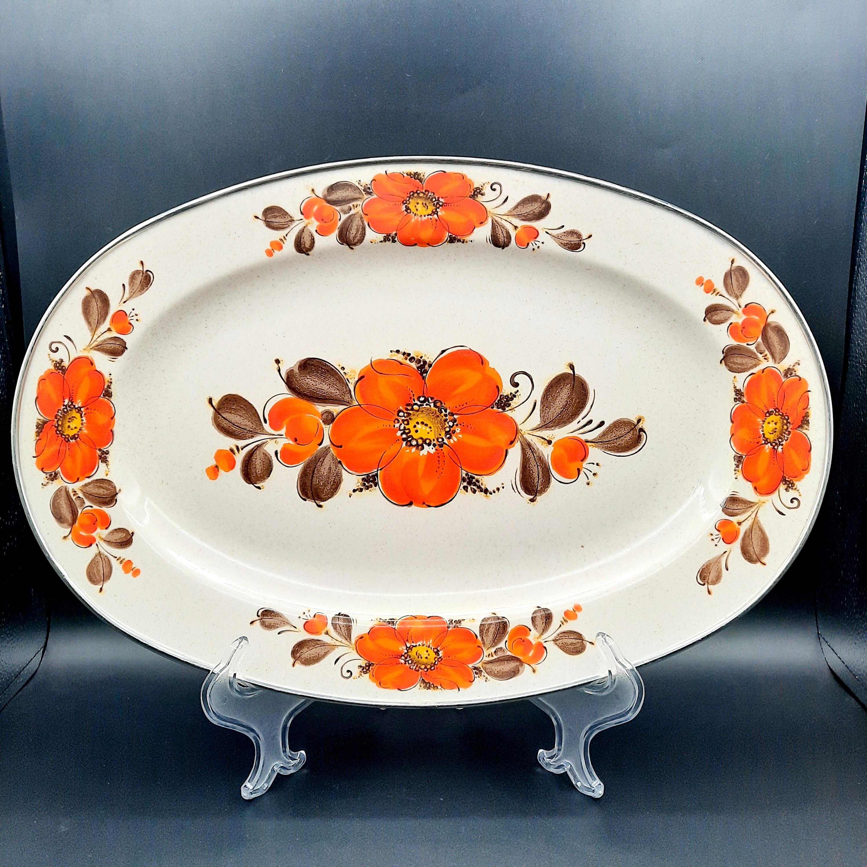 Vintage Show Pans Sanko Ware Orange Flower Floral Oval Metal Serving Tray