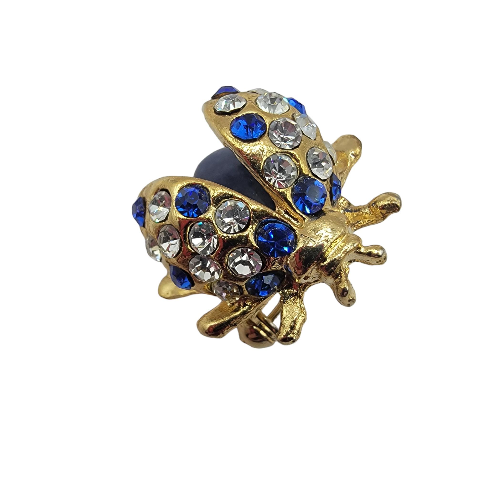 Gold Tone Blue Belly Rhinestone Flying Bug Scatter Brooch Pin